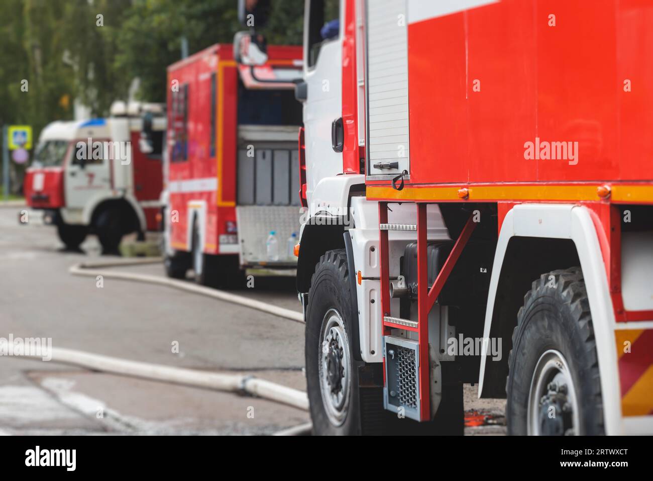 Fire fighting equipment in the city, with red fire engine truck during ...