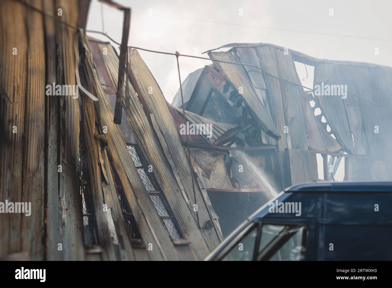 Massive large blaze fire in the city, blazing warehouse factory ...