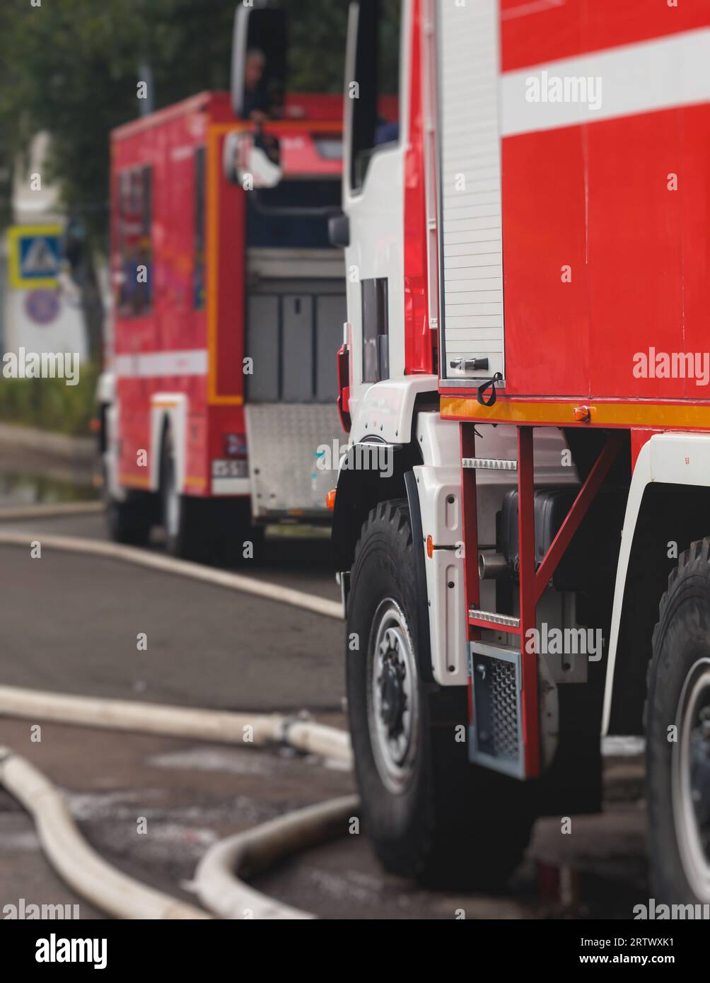 Fire fighting equipment in the city, with red fire engine truck during ...