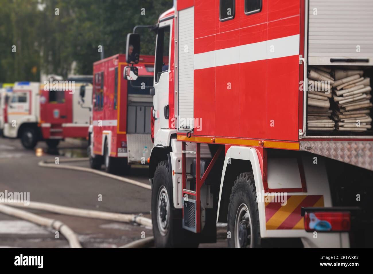 Fire fighting equipment in the city, with red fire engine truck during ...