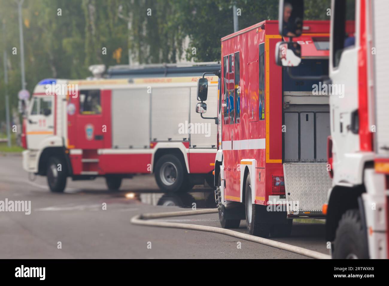 Fire fighting equipment in the city, with red fire engine truck during ...