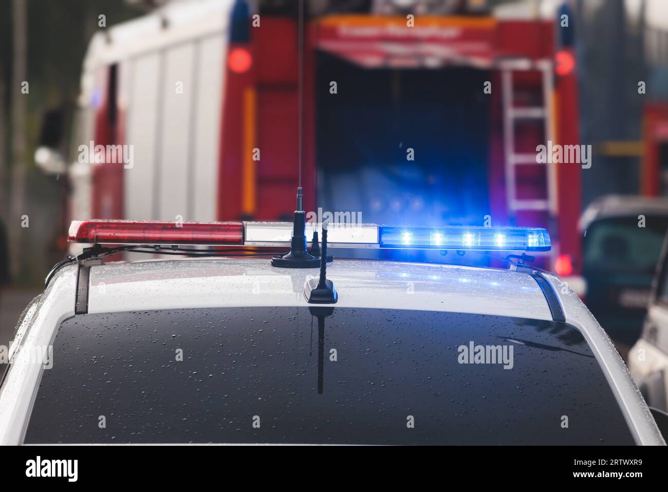Fire fighting equipment in the city, with red fire engine truck during ...