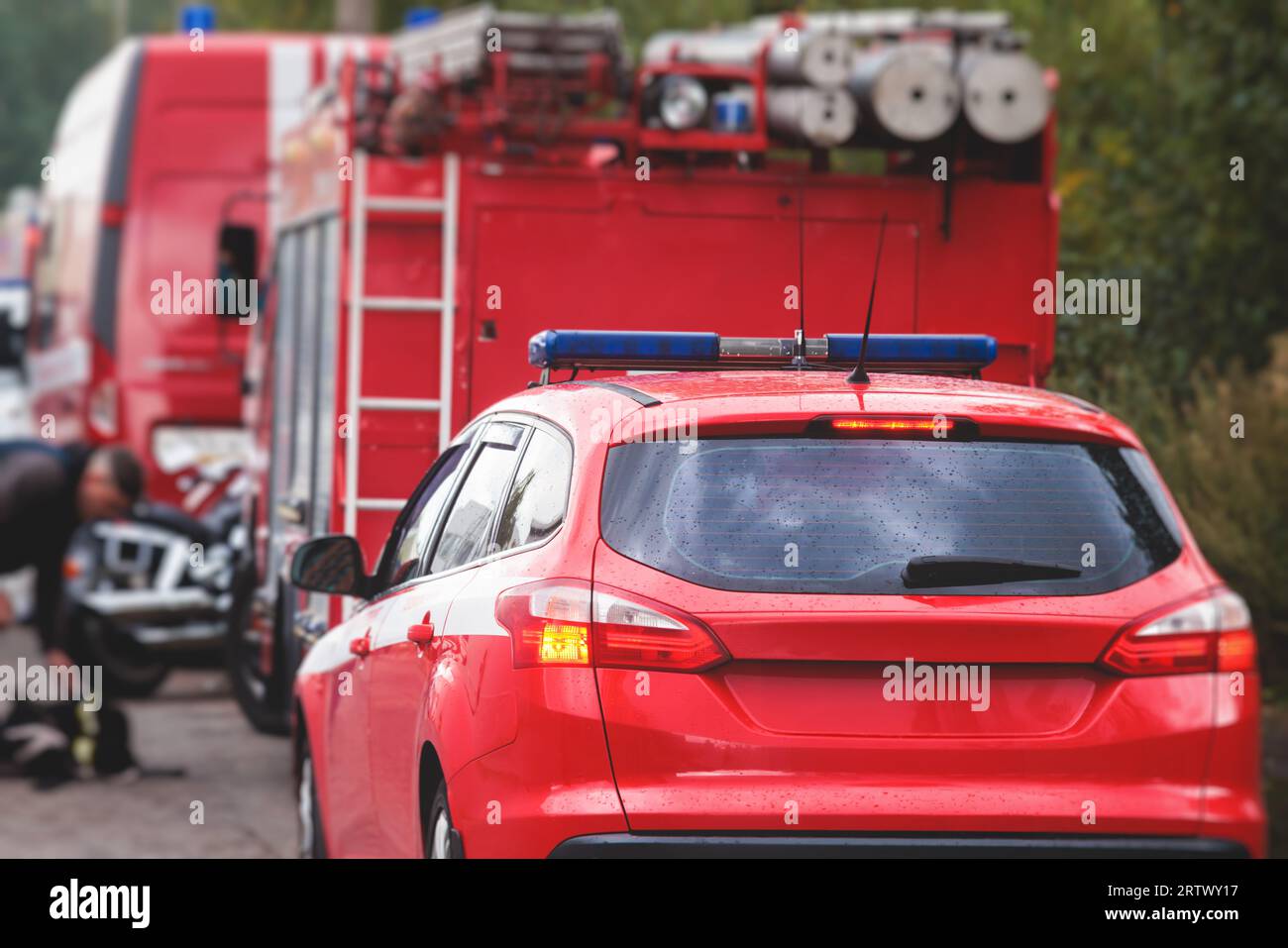 Fire fighting equipment in the city, with red fire engine truck during ...