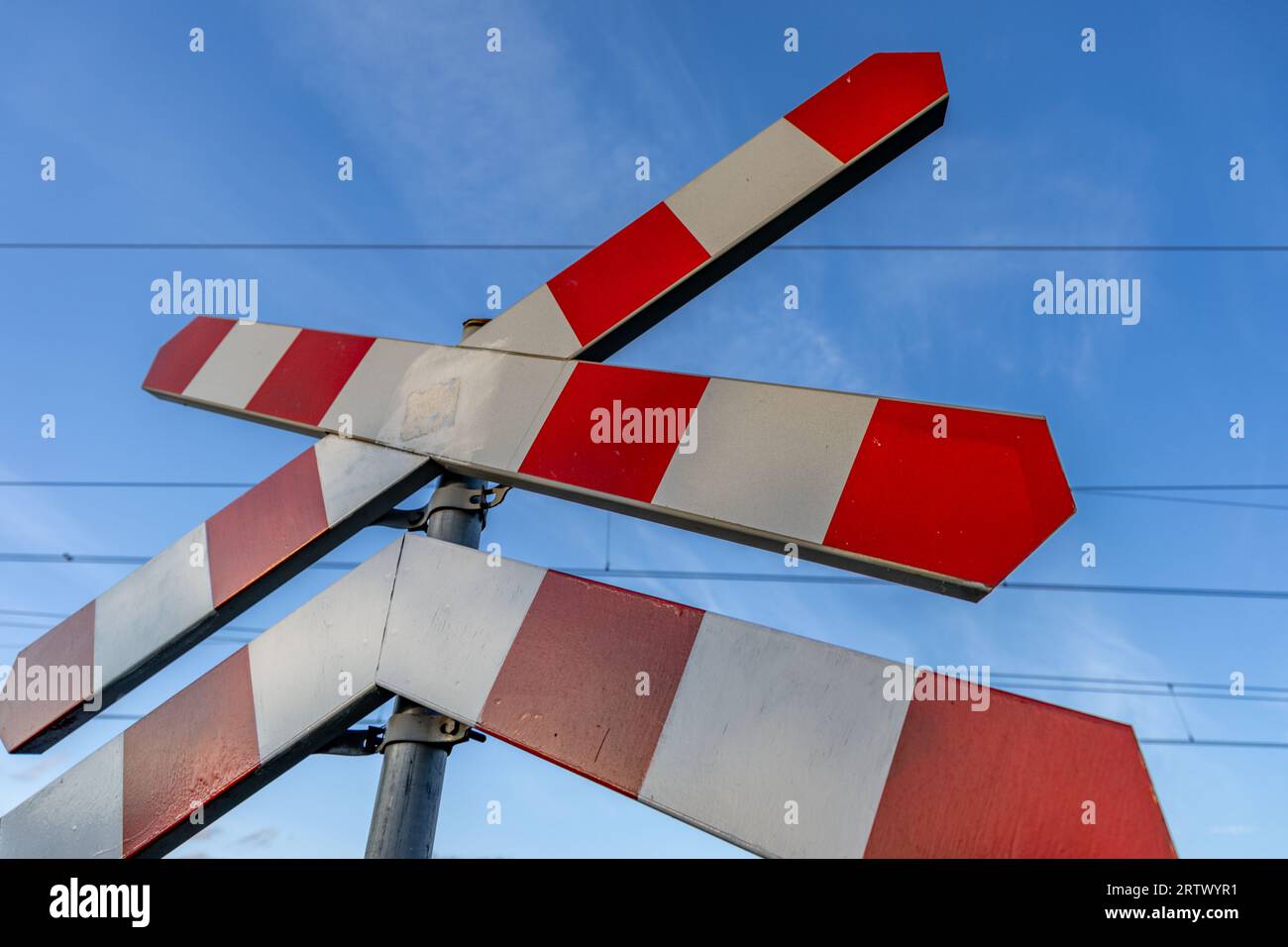 Attention, dangerous crossing of the tracks, warning sign Stock Photo ...