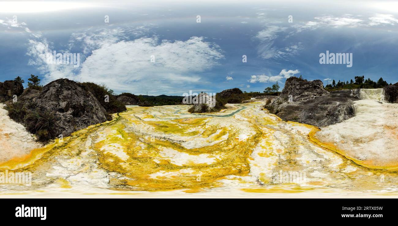 Geothermal landscape with hot boiling sulphur river and springs due to ...