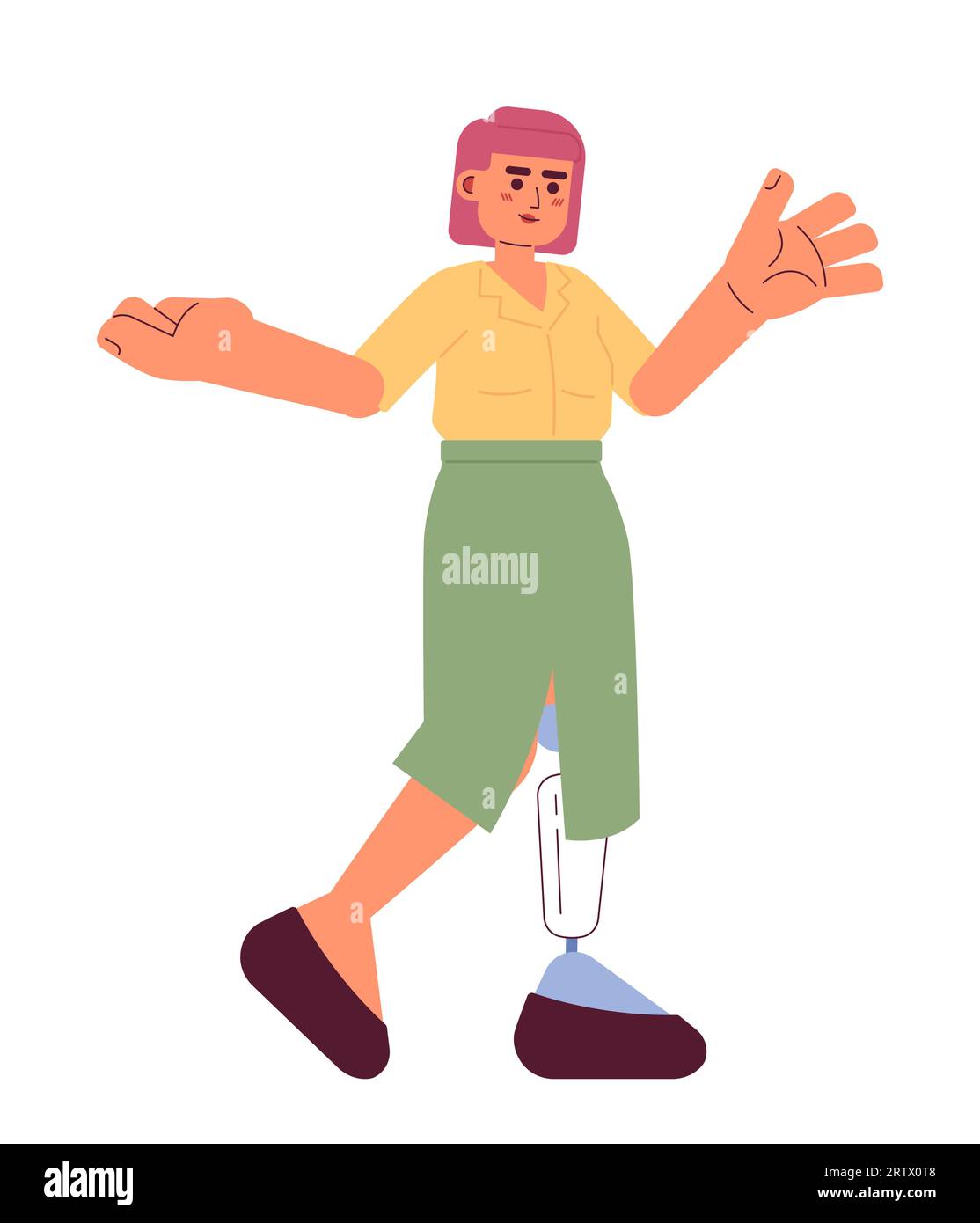 Asian young woman with prosthetic leg gesturing 2D cartoon character ...
