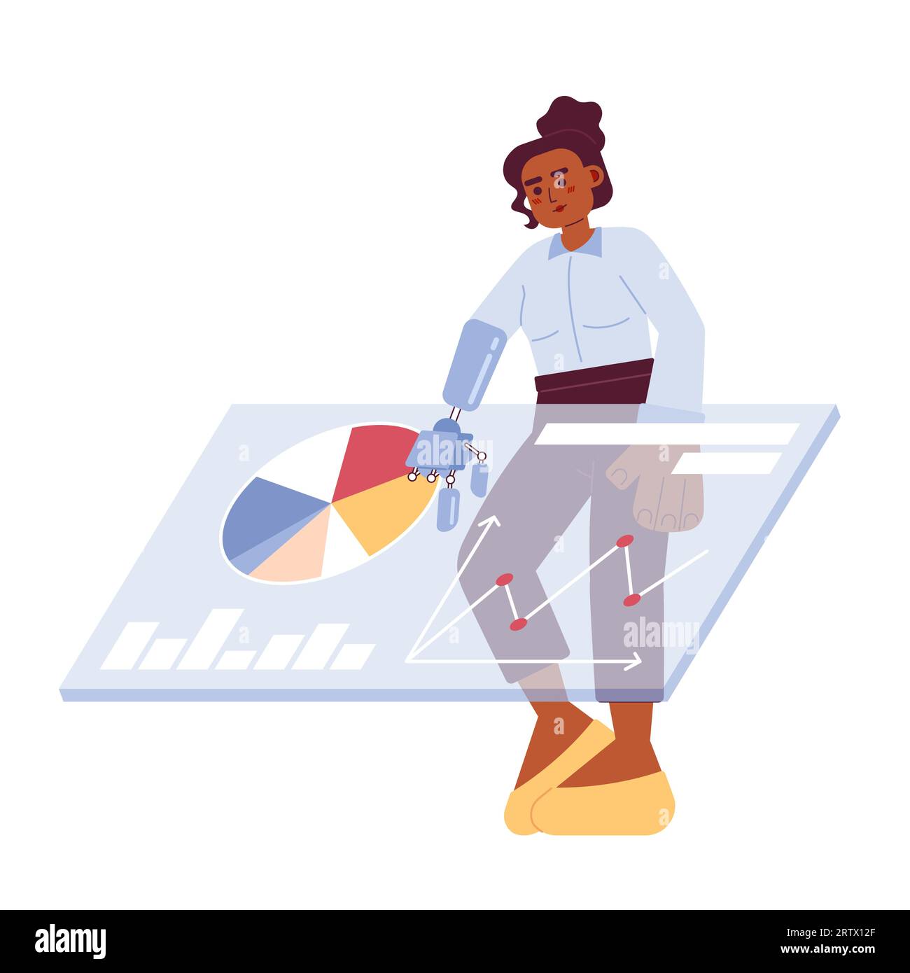 Prosthetic arm black woman touching analytics dashboard 2D cartoon ...