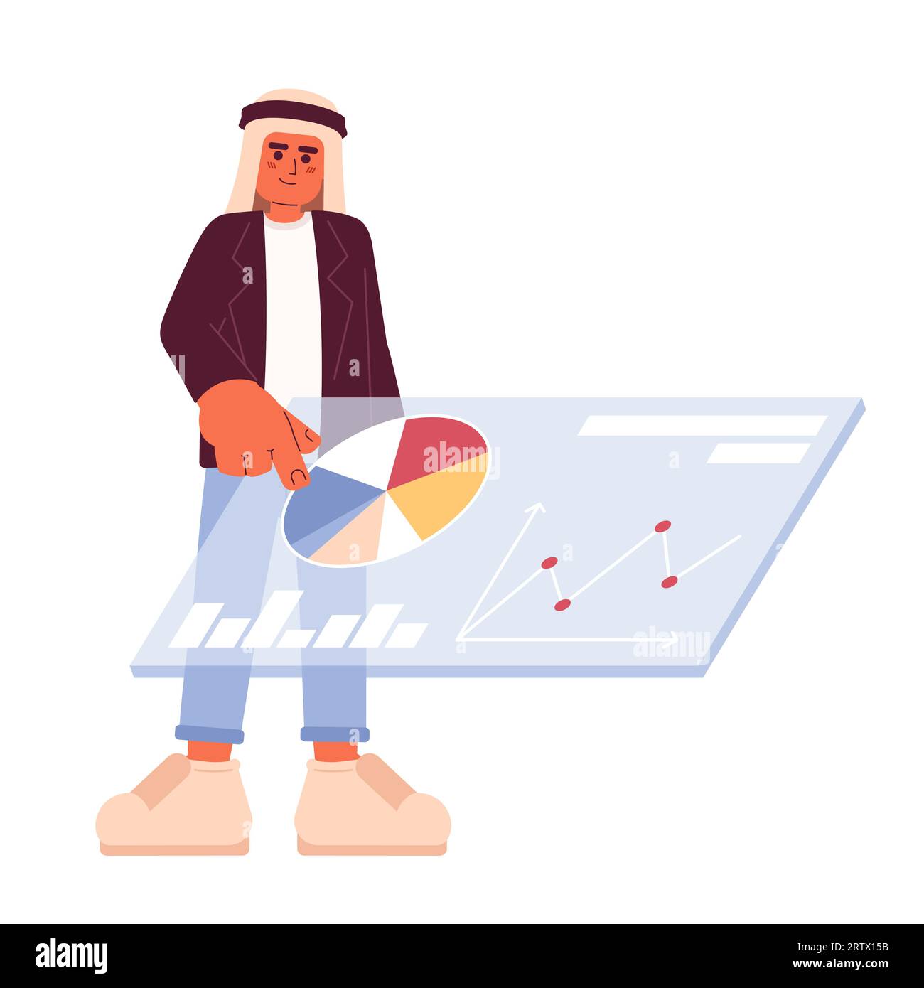 Saudi man touching marketing analytics dashboard 2D cartoon character ... Saudi man touching marketing analytics dashboard 2D cartoon character ...