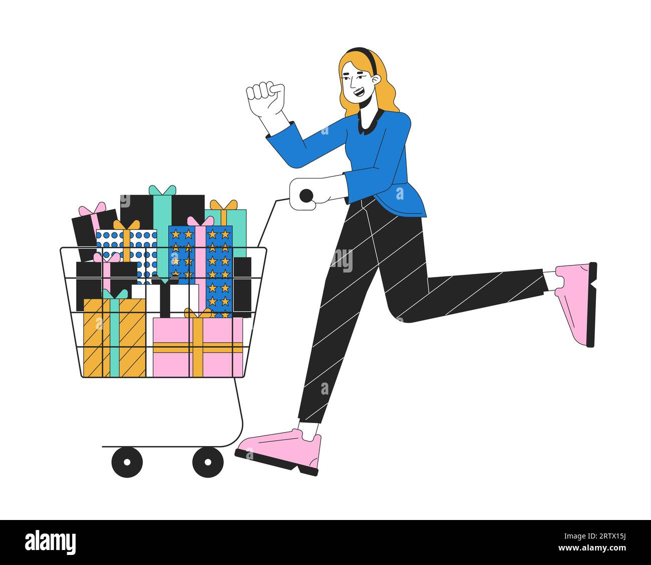 Excited woman pushing shopping cart 2D linear cartoon character Stock ...