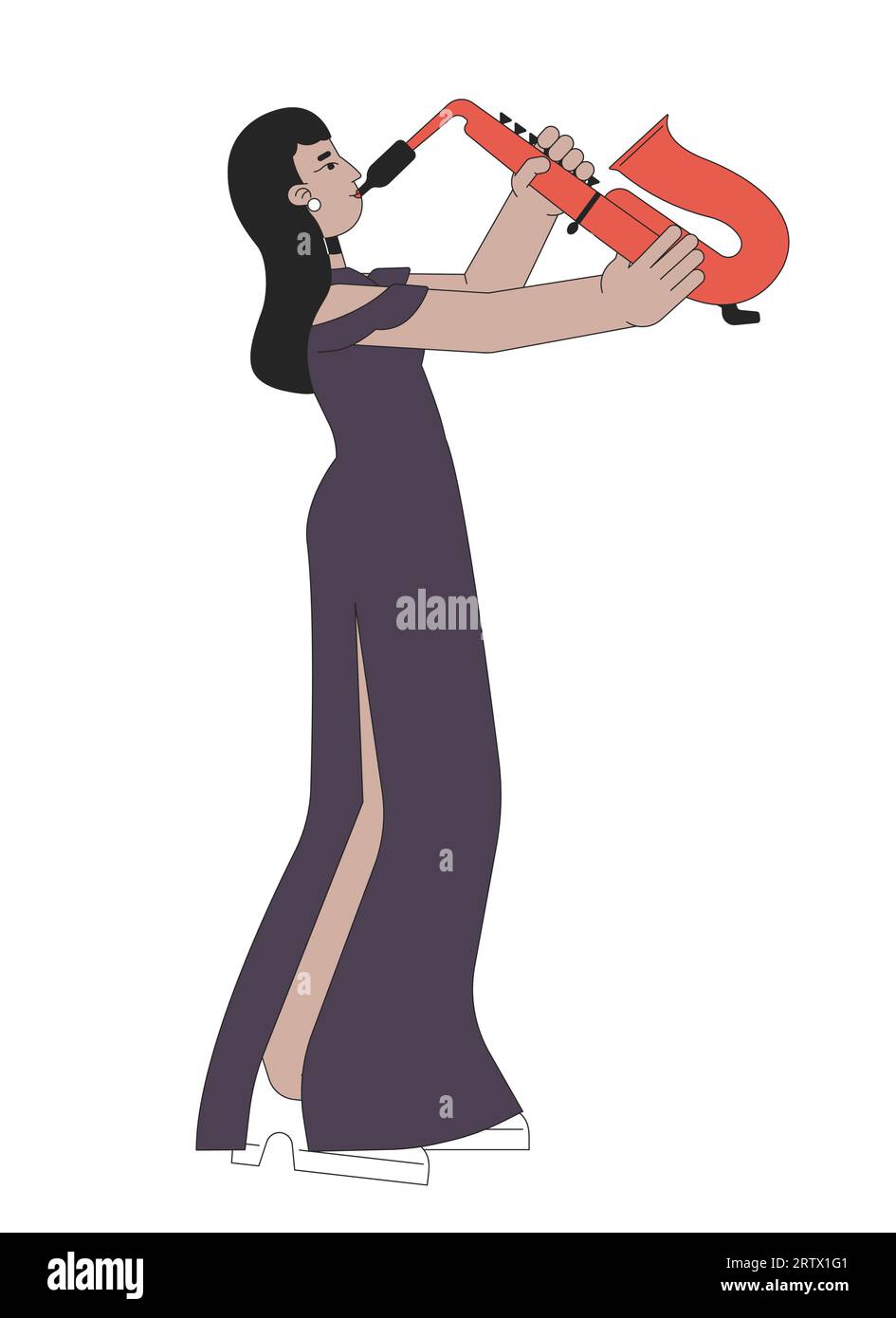 Saxophone girl in recital dress line cartoon flat illustration Stock ...