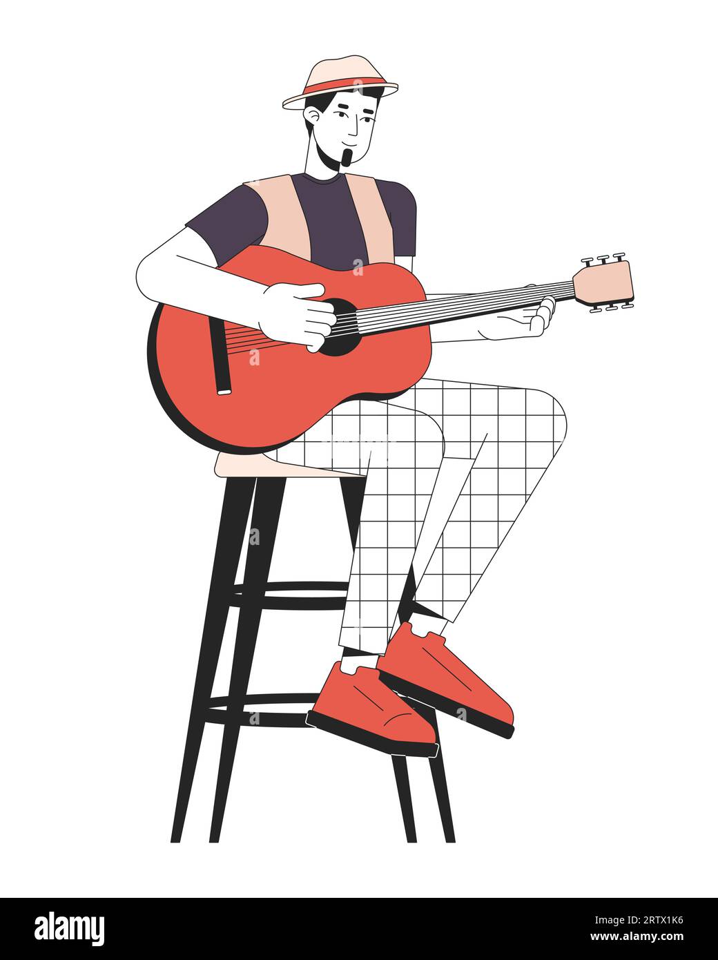 Acoustic guitarist plucking strings line cartoon flat illustration ...
