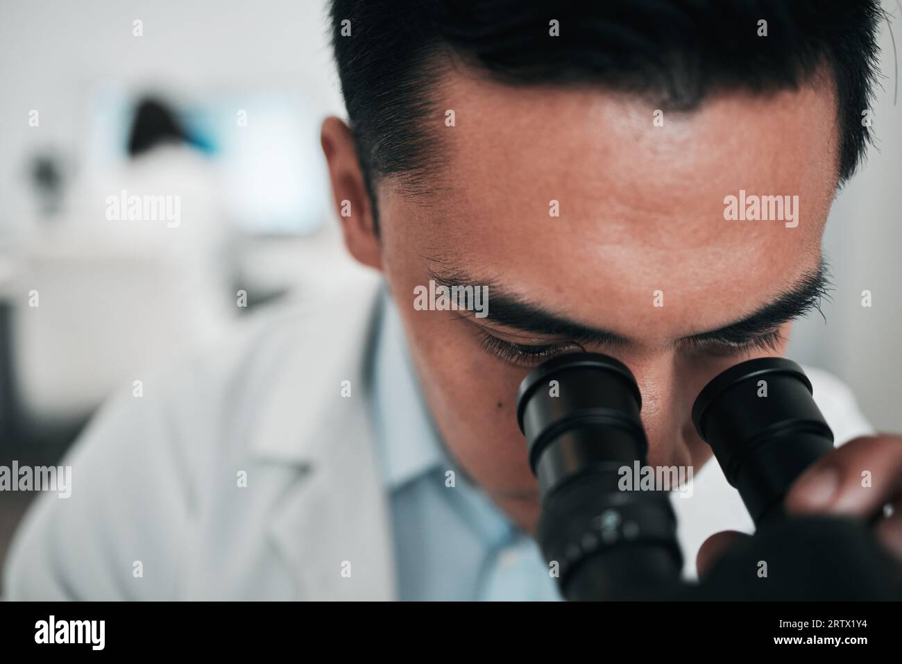 Man, scientist and microscope in forensic study, research or science ...