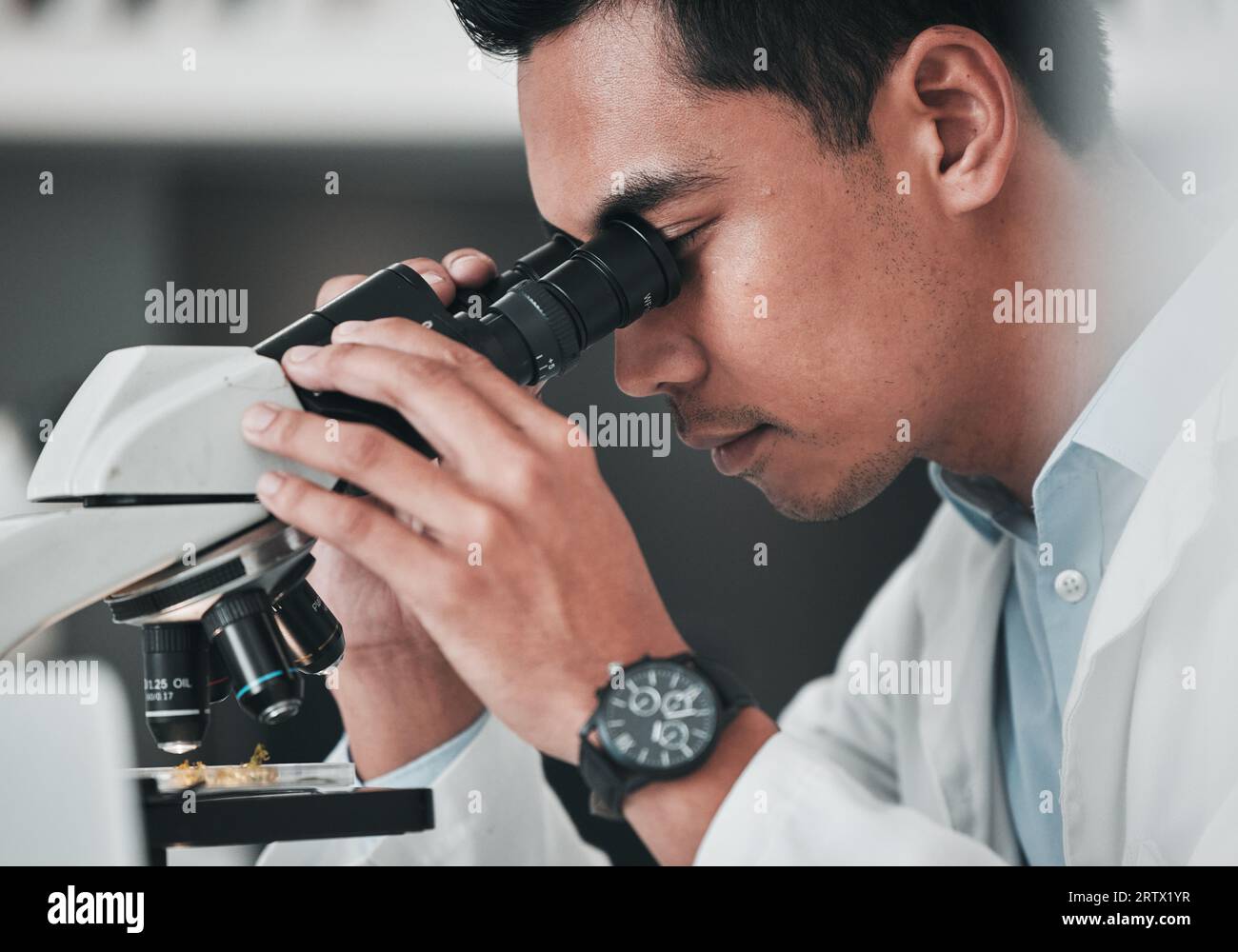 Scientist, man and microscope for science research, data analysis and ...