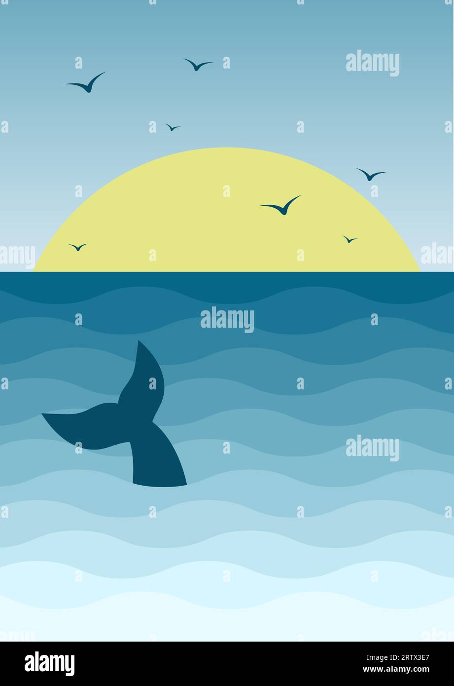 Sea in the morning and whale childish illustration poster. Cute fish ...