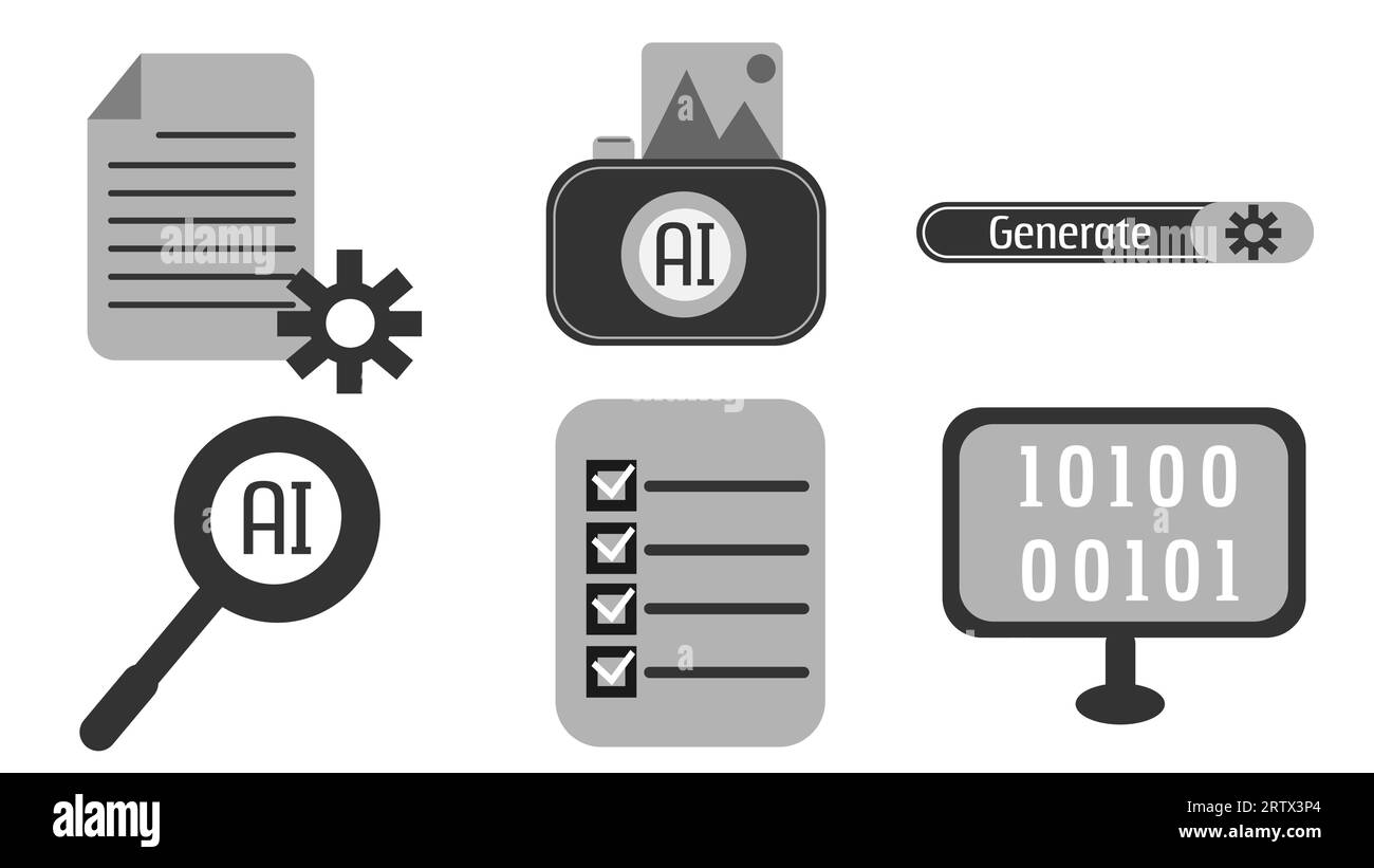 Six artificial intelligence simple grey editable icons set sheet Stock ...