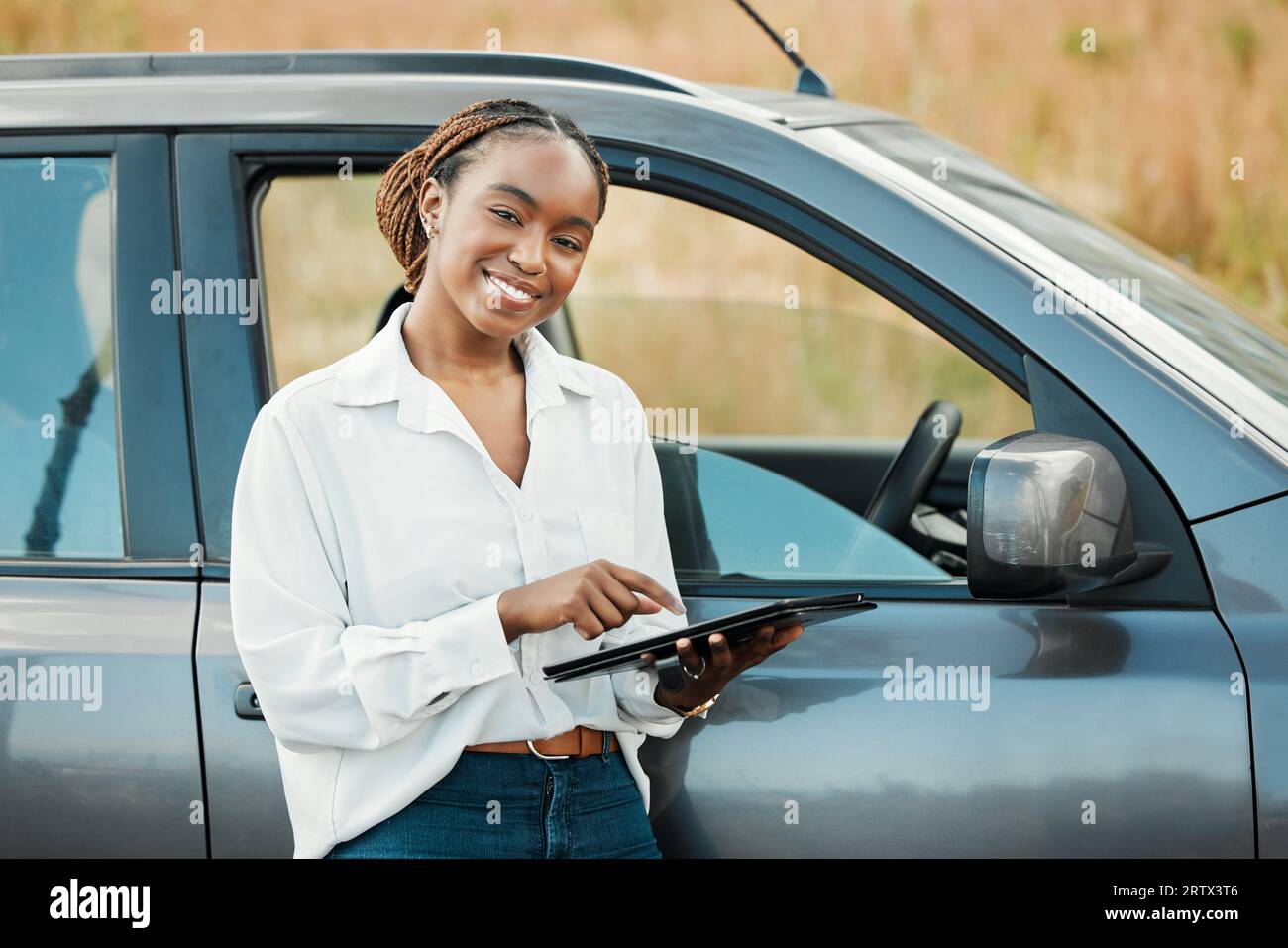 Car insurance, tablet and black woman portrait with motor evaluation ...