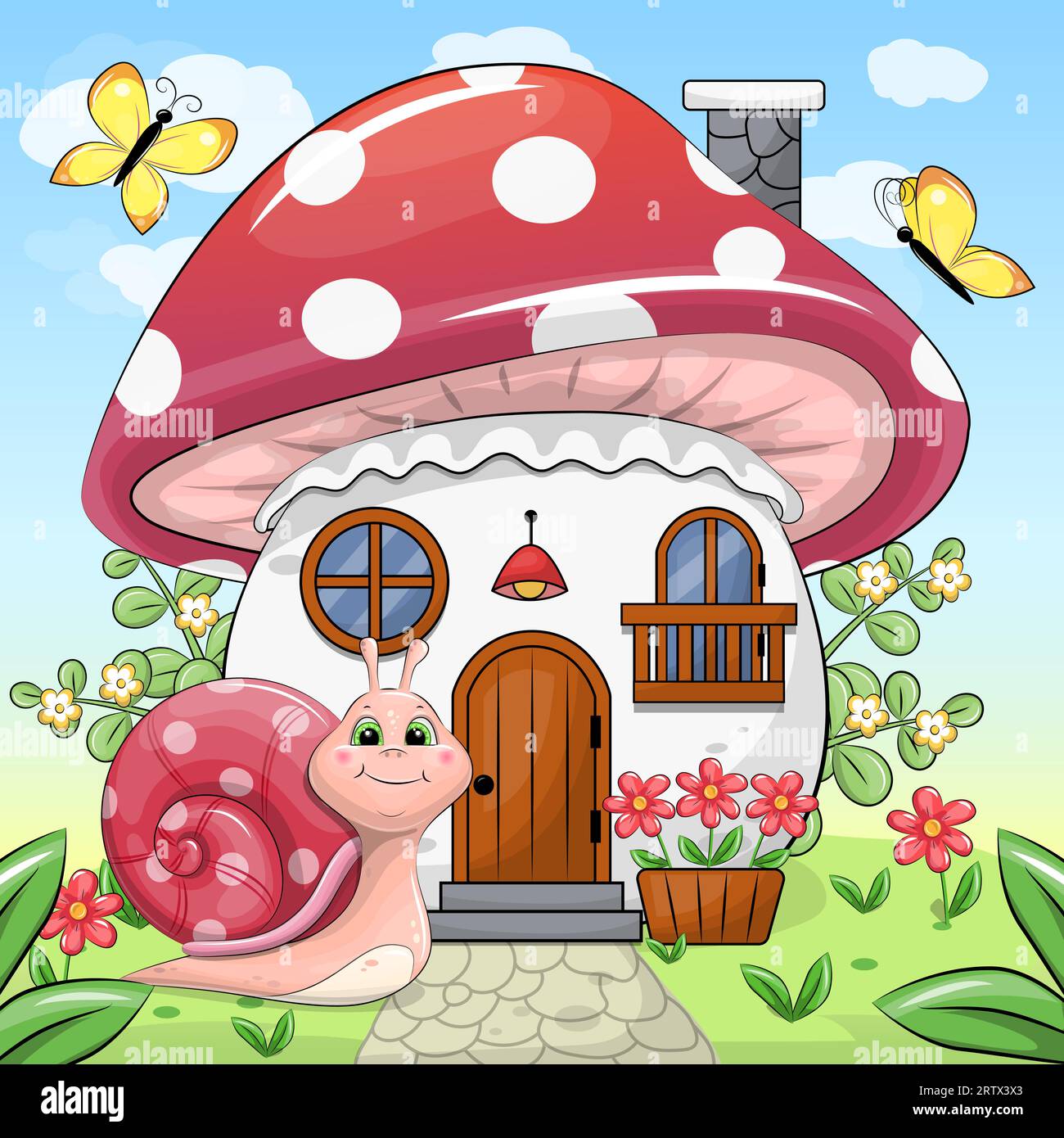 Cute cartoon snail with mushroom house. Summer vector illustration of ...