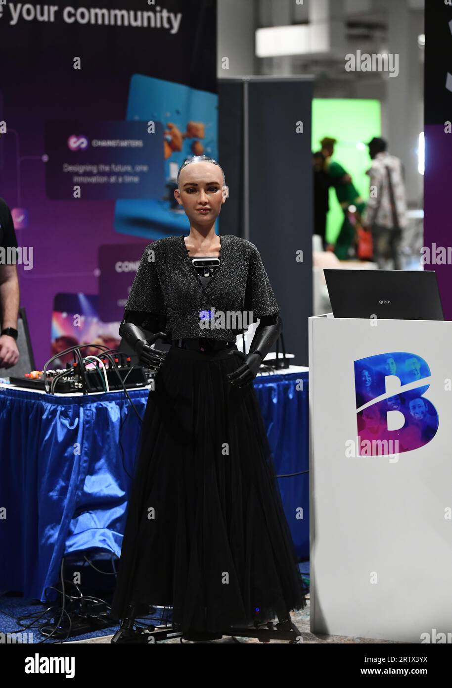 Las Vegas, USA. 14th Sep, 2023. Sophia the robot speaks during the 2023 ...