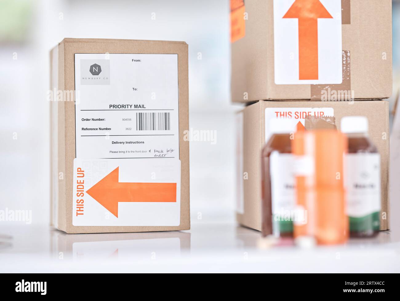 Boxes, medicine and delivery package in pharmacy for ecommerce, supply ...