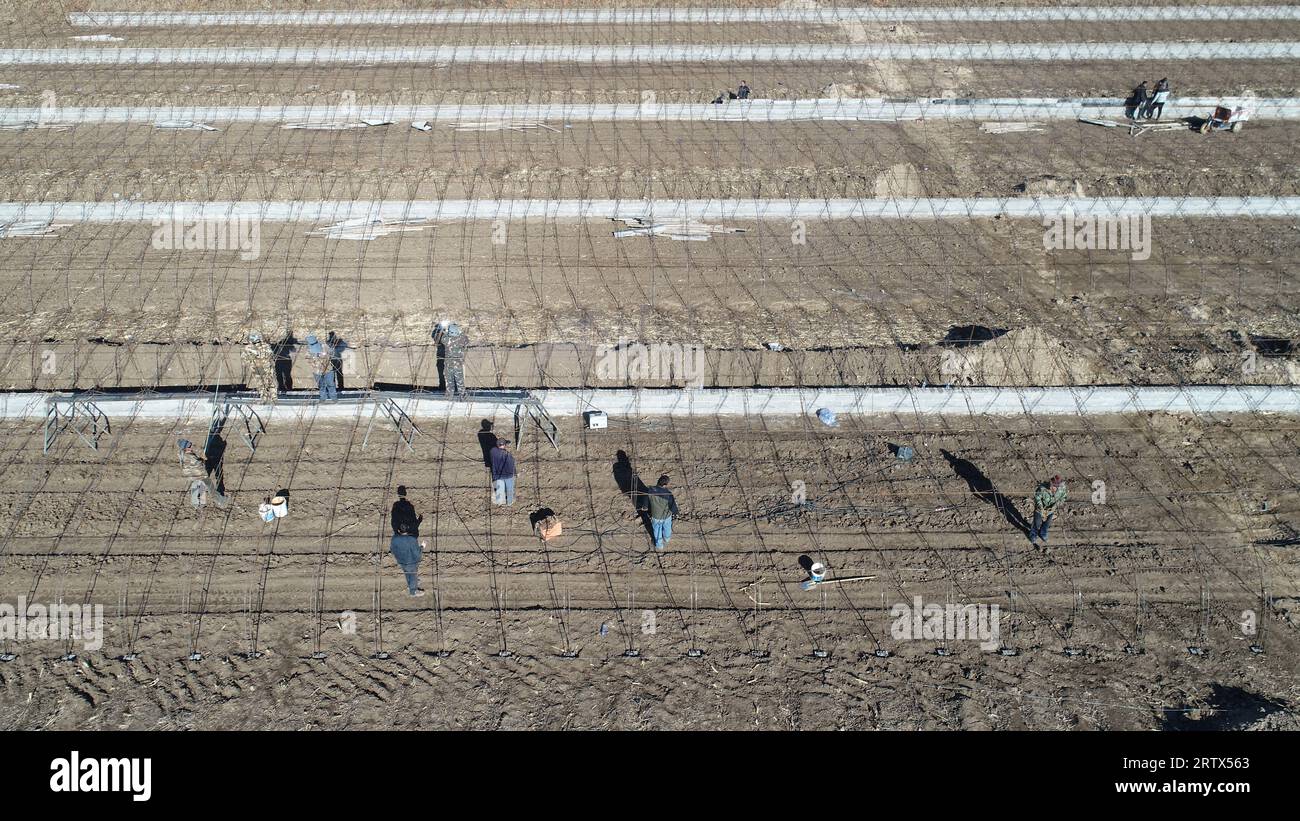 farmers weld steel skeleton greenhouses in farmland, North China Stock ...