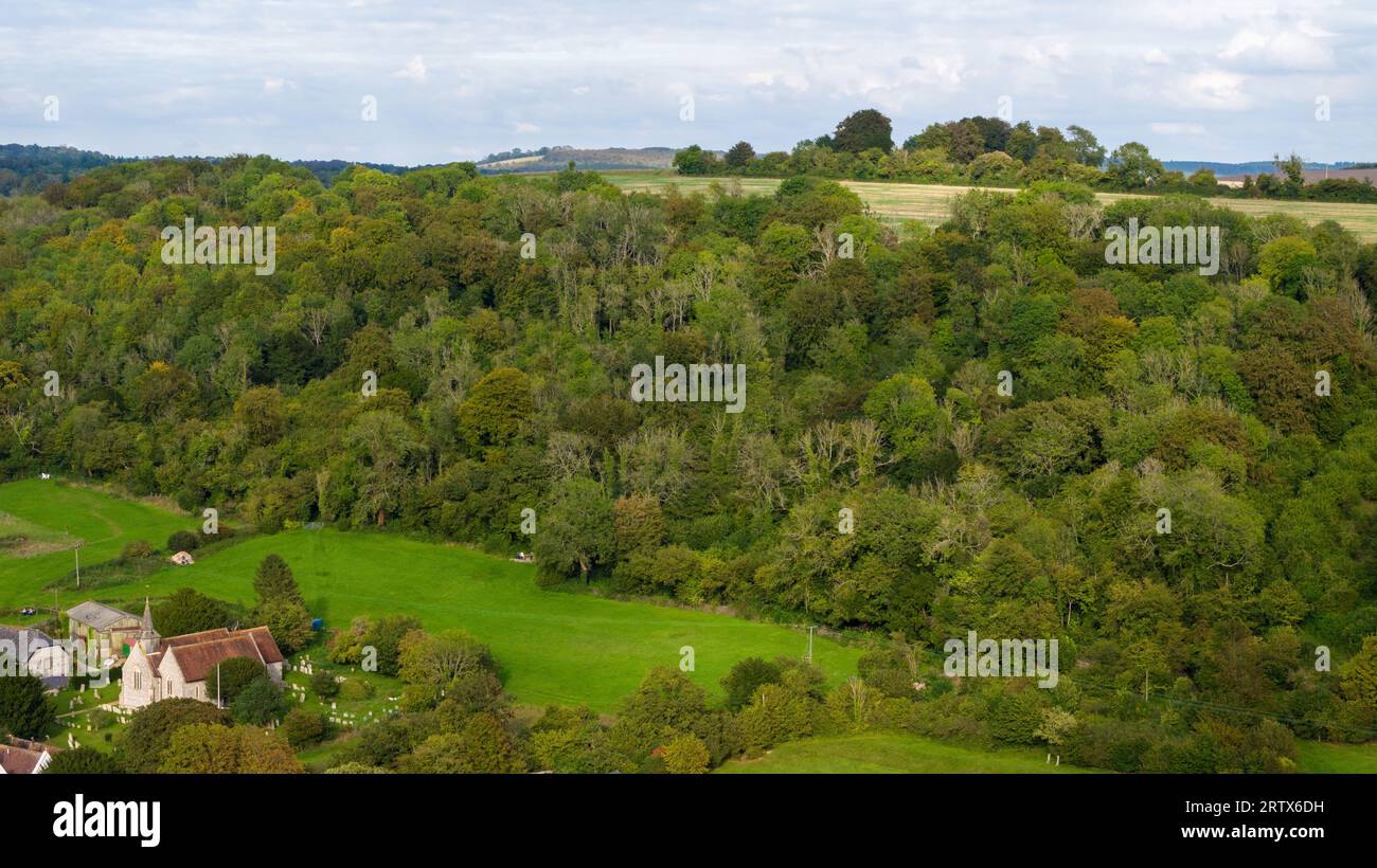 Aerial landscape shot of the countryside near the village of west ...