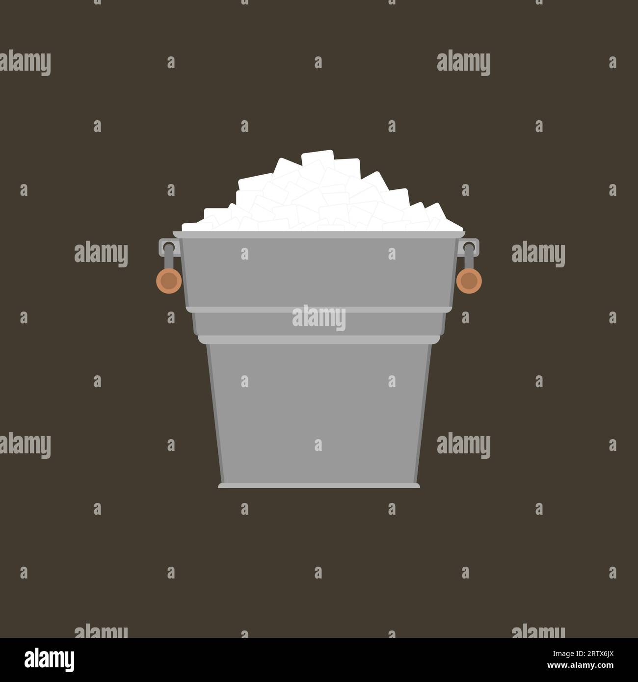 Pail with white ice. Small metal bucket with pile square ice cubes ...