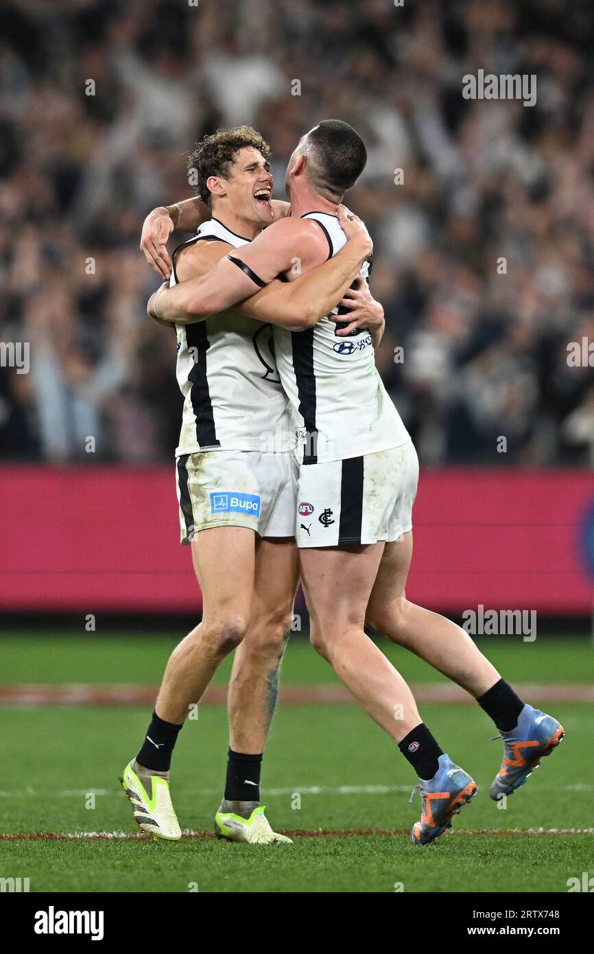 Melbourne, Australia. 15th Sep, 2023. Charlie Curnow of Carlton (left) and Jacob Weitering of ...