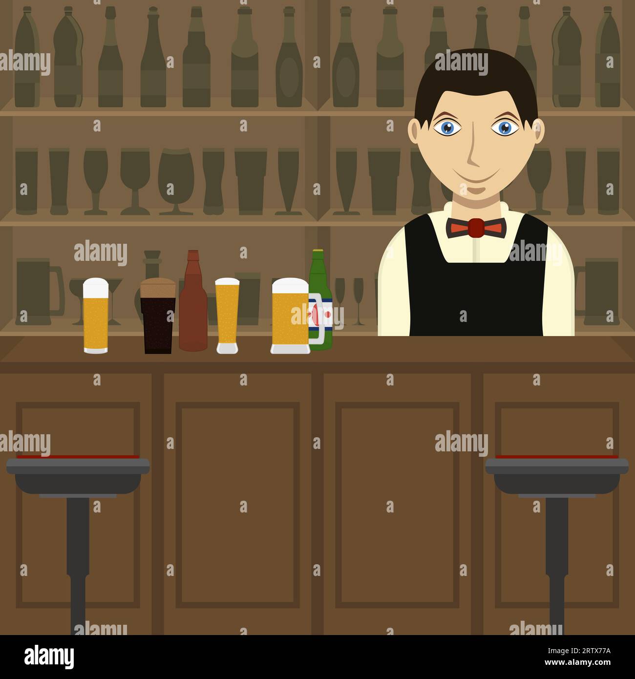 Beer bar inside with barman and bar counter. Bartender with set of beer ...