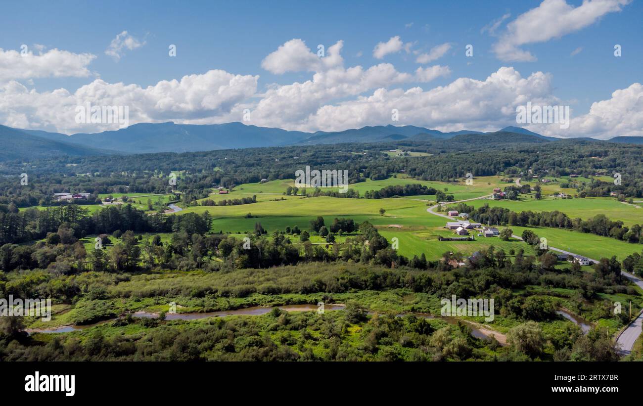 Aerial view of Stowe and Mount Mansfield, the Green Mountains, Vermont ...