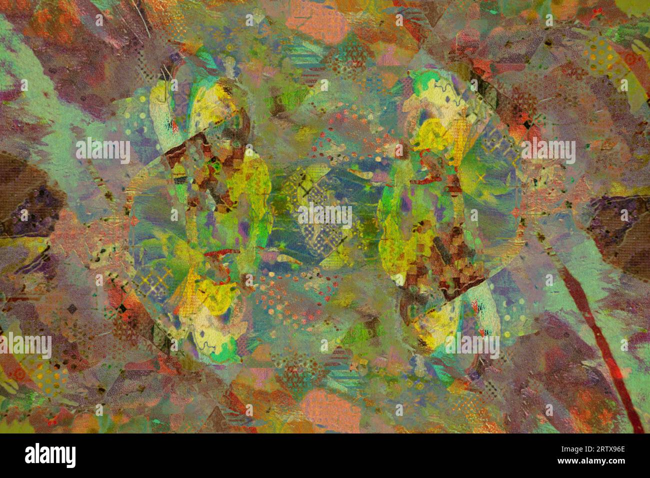 Multi-colored abstract painting with spots and chaotic shapes and ...