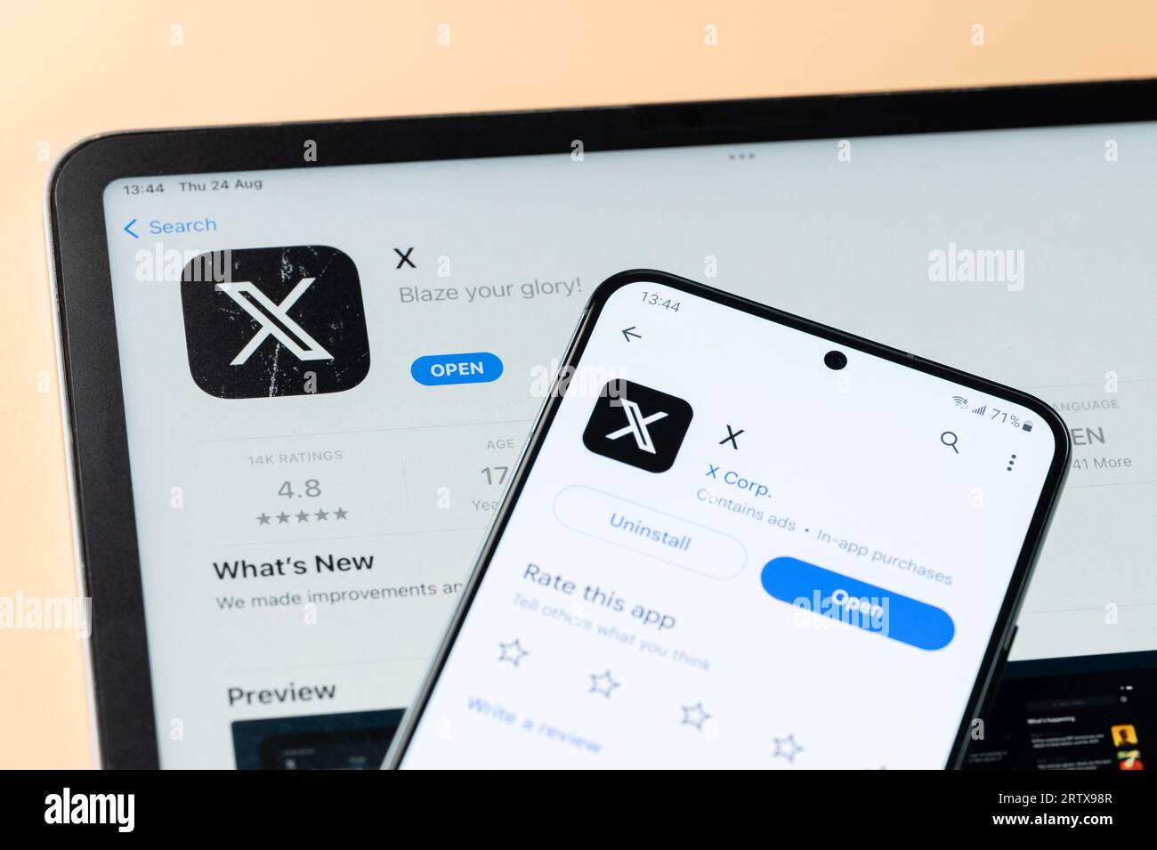 New York, USA - August 24, 2023: New X app on Ipados and google store ...