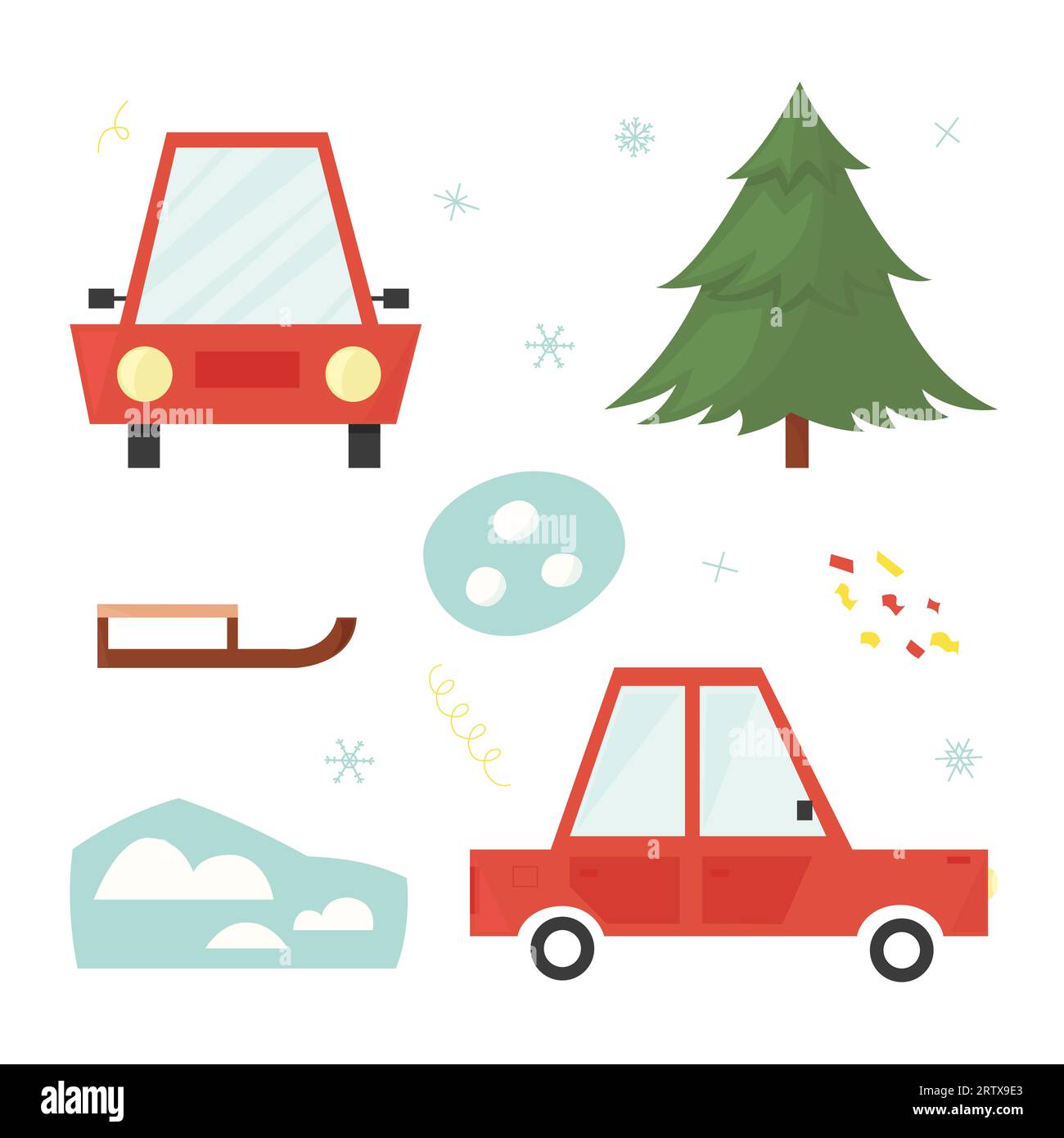 Winter set of red car, snow, sledge and fir tree. Vector flat ...
