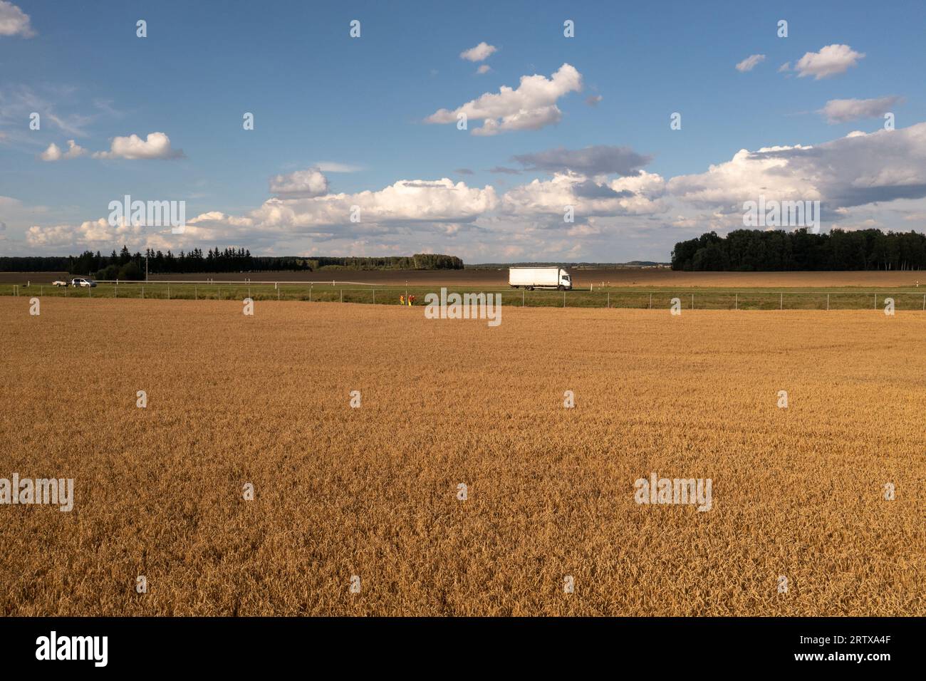 Drone photography of construction workers building a fence between a ...