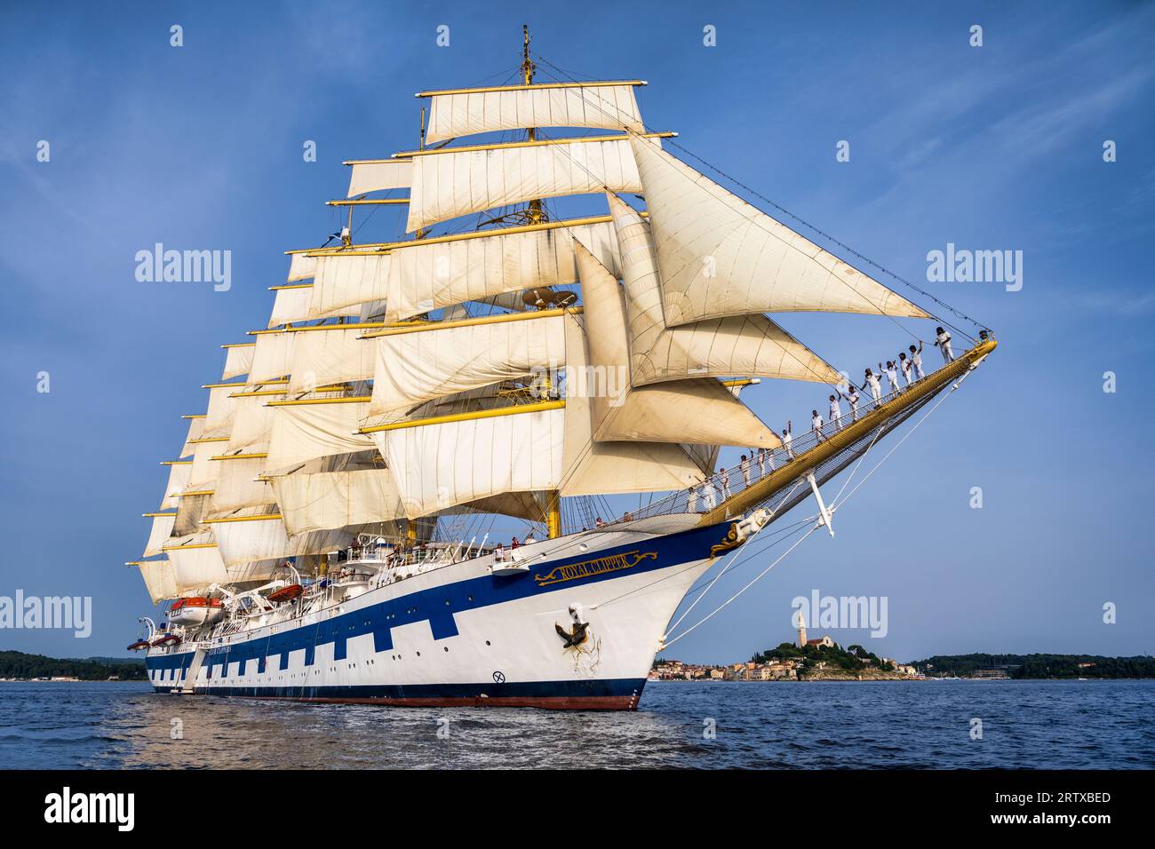 Tall ship Royal Clipper of Star Clippers under full sail, with crew ...