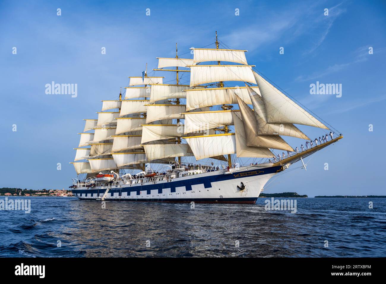 Tall ship Royal Clipper of Star Clippers under full sail, with crew ...