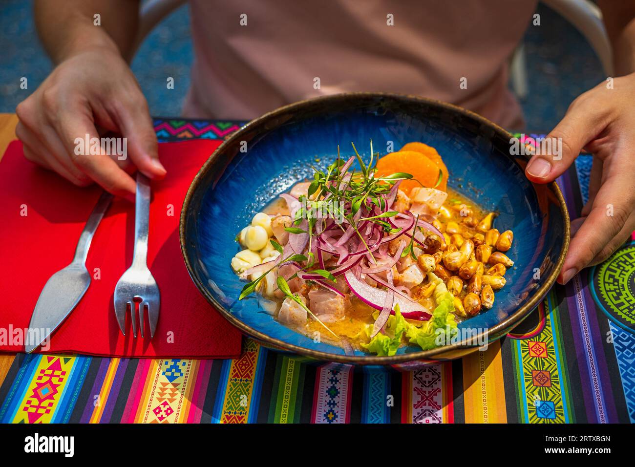 Peruvian-style ceviche plate in outdoor dining, male guest hands ready ...