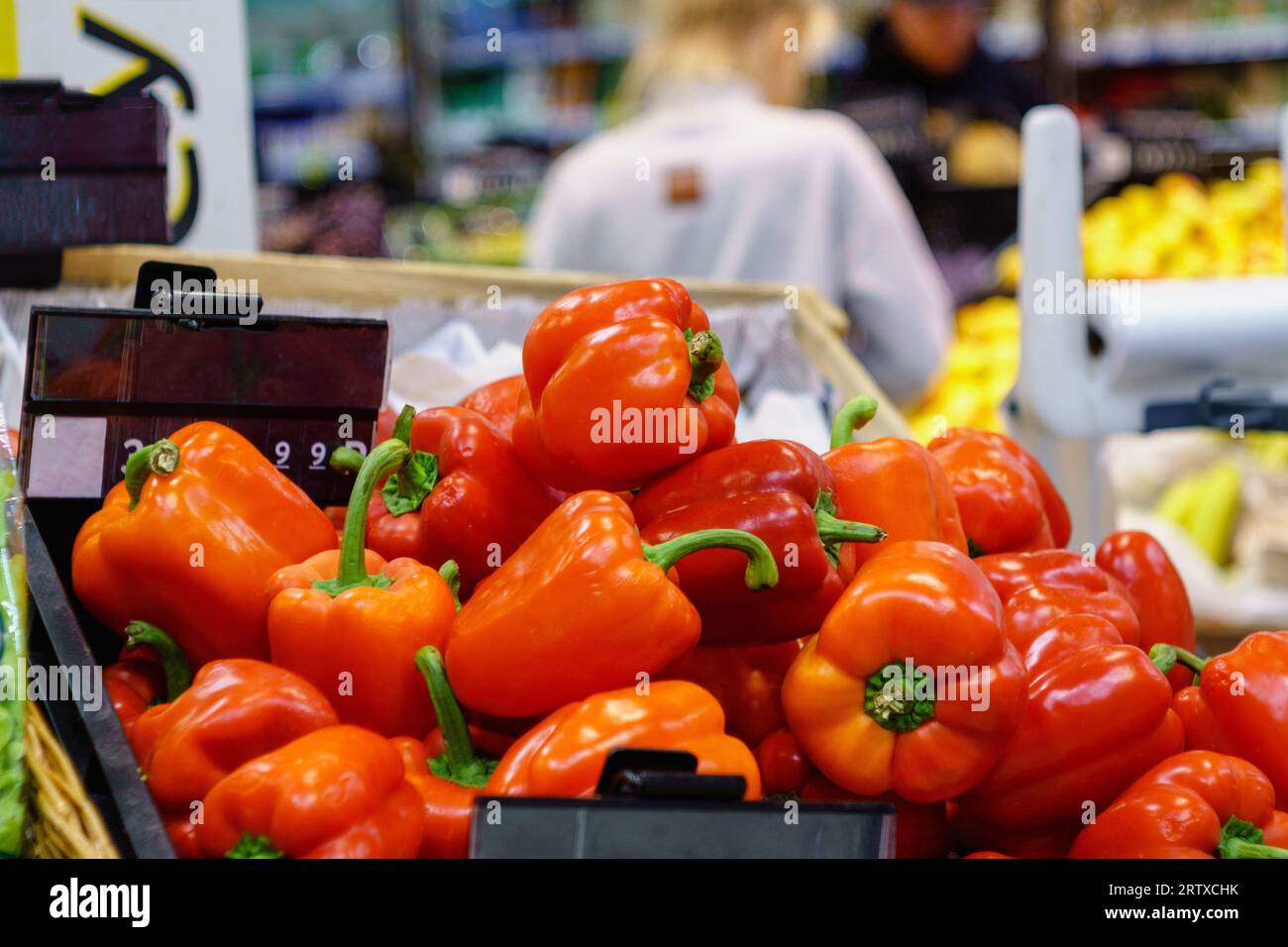 Sweet red pepper in grocery store in supermarket, selective focus ...