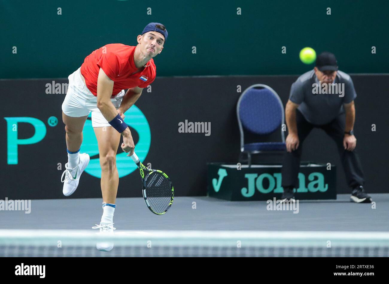 Split, Croatia. 15th Sep, 2023. Dino Prizmic of Croatia serves against ...