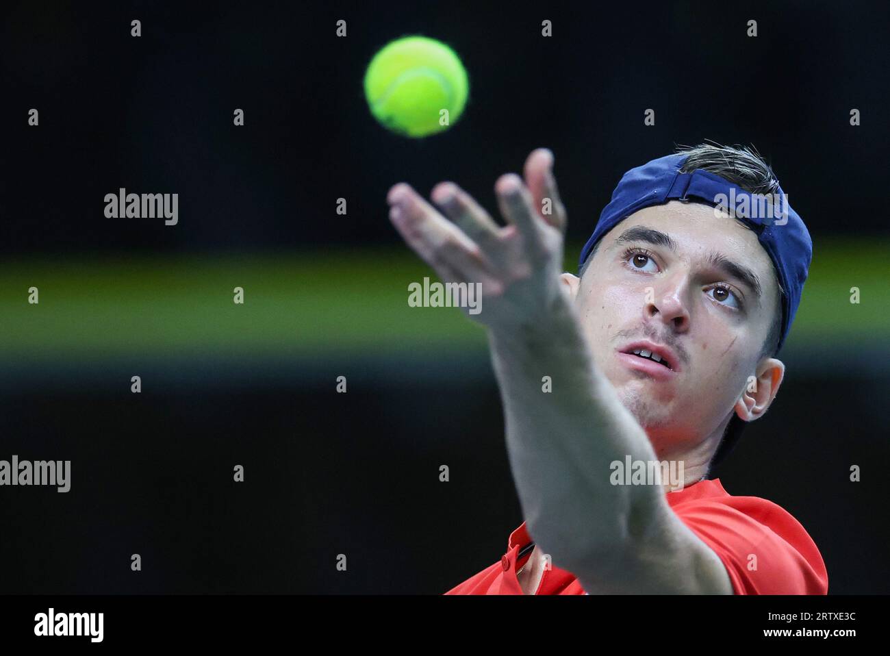 Split, Croatia. 15th Sep, 2023. Dino Prizmic of Croatia serves against ...