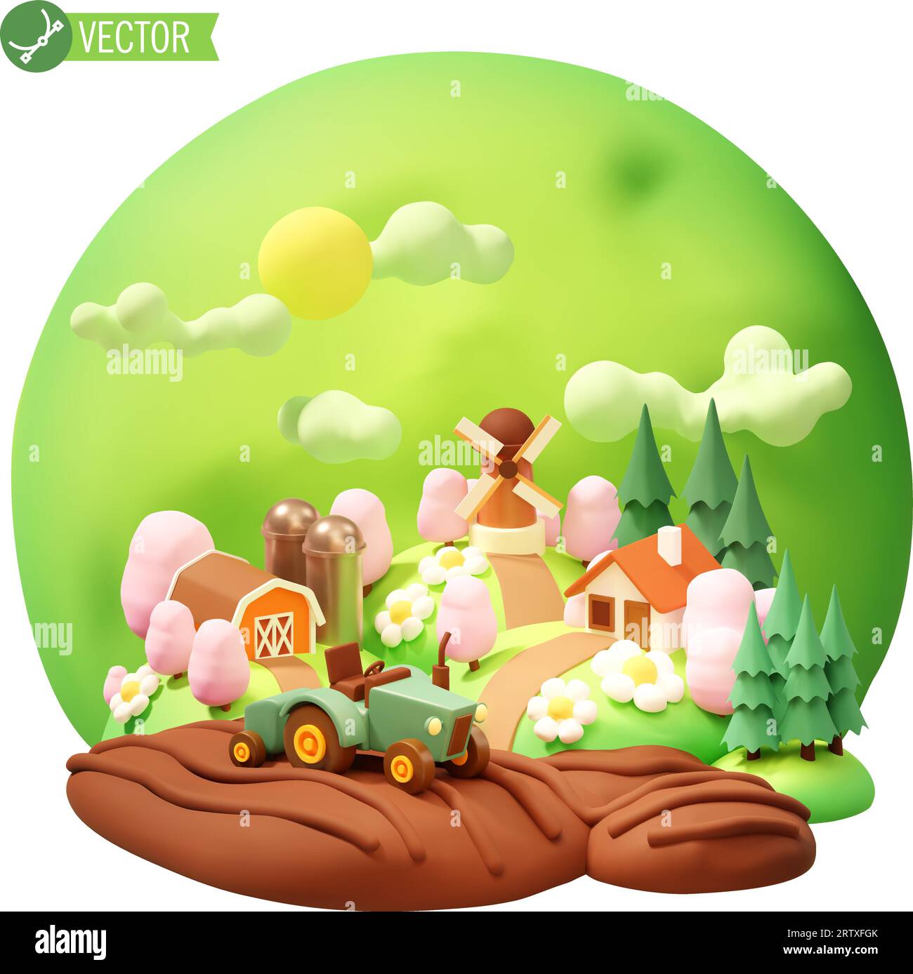 Vector spring rural farm landscape. Countryside nature. Green fields ...