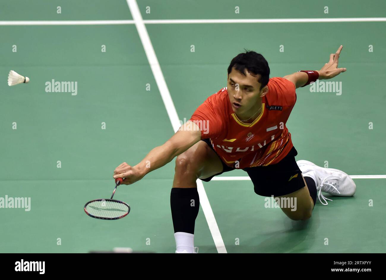 Hong Kong. 15th Sep, 2023. Jonatan Christie of Indonesia hits a return during the men's singles ...