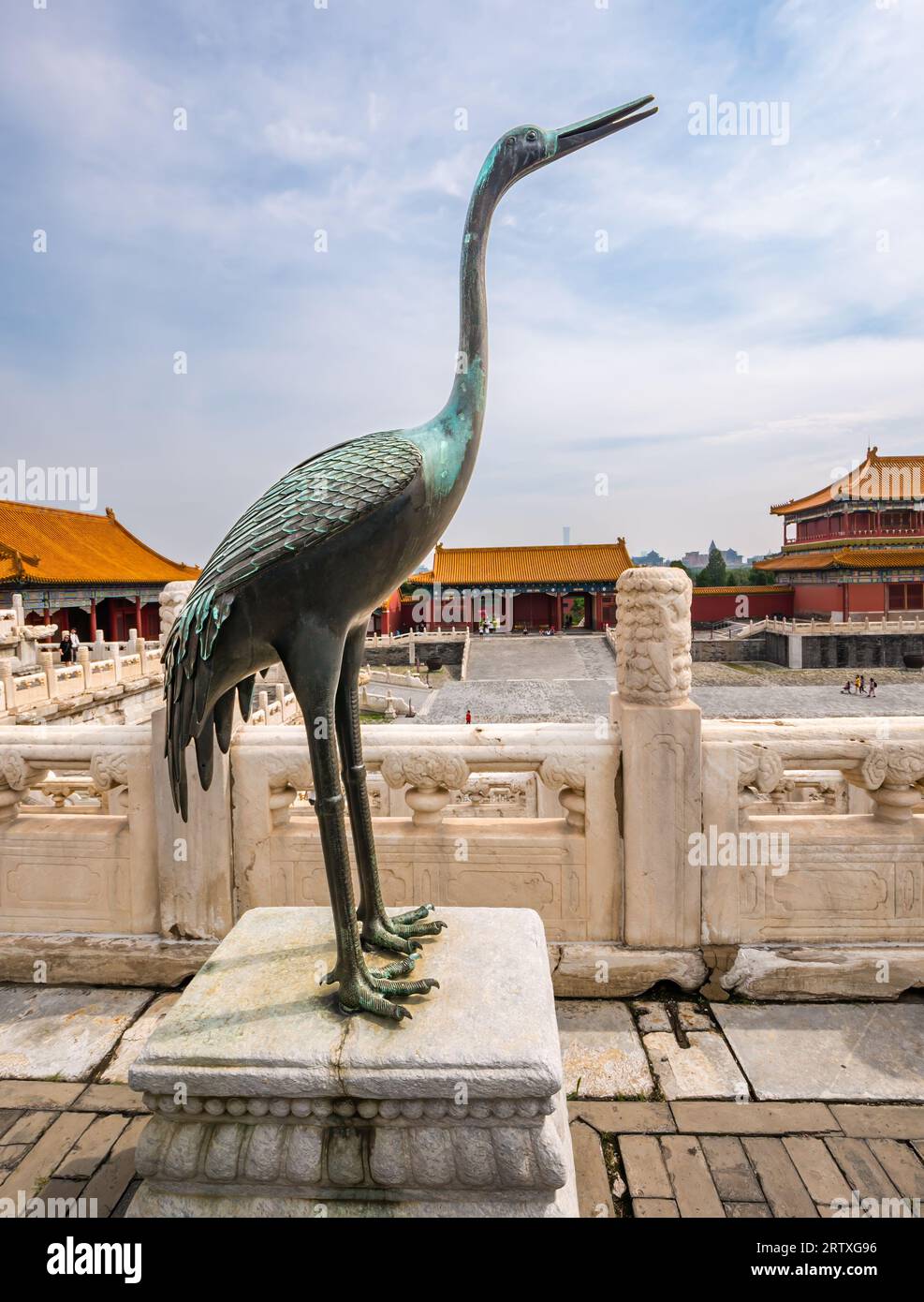 Bronze symbolic crane on marble terrace of Hall of Supreme Harmony ...