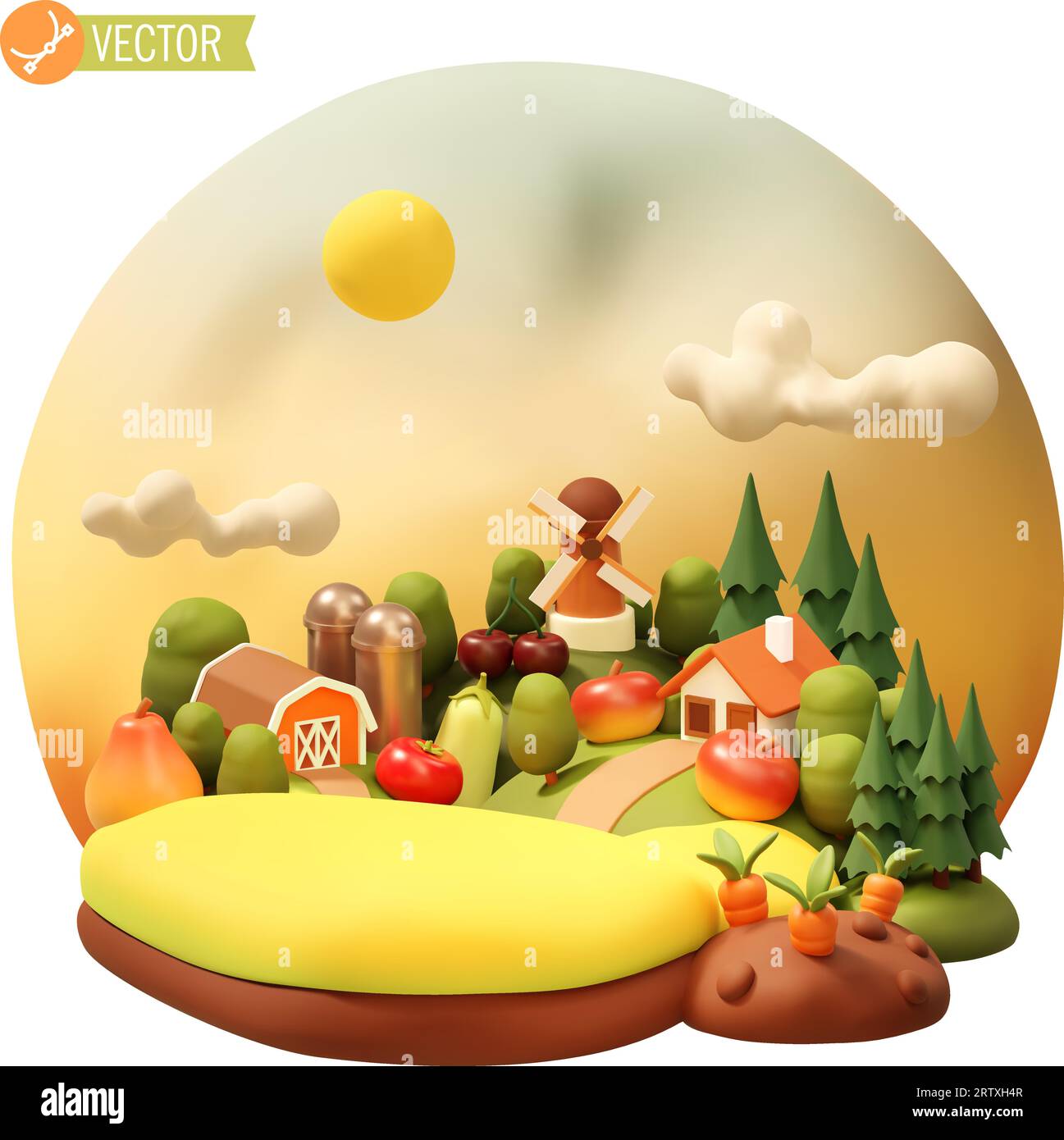 Vector summer rural farm landscape. Countryside nature. Wheat fields ...