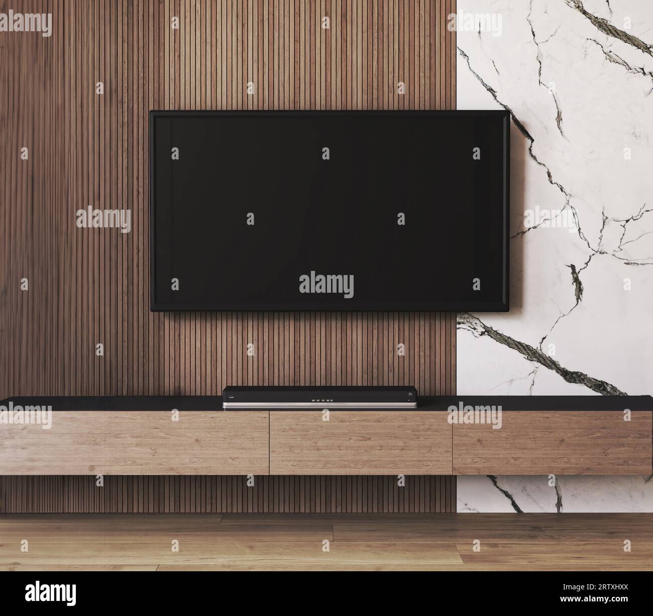 Classic expensive luxury light TV wall mock up with commode and wood ...