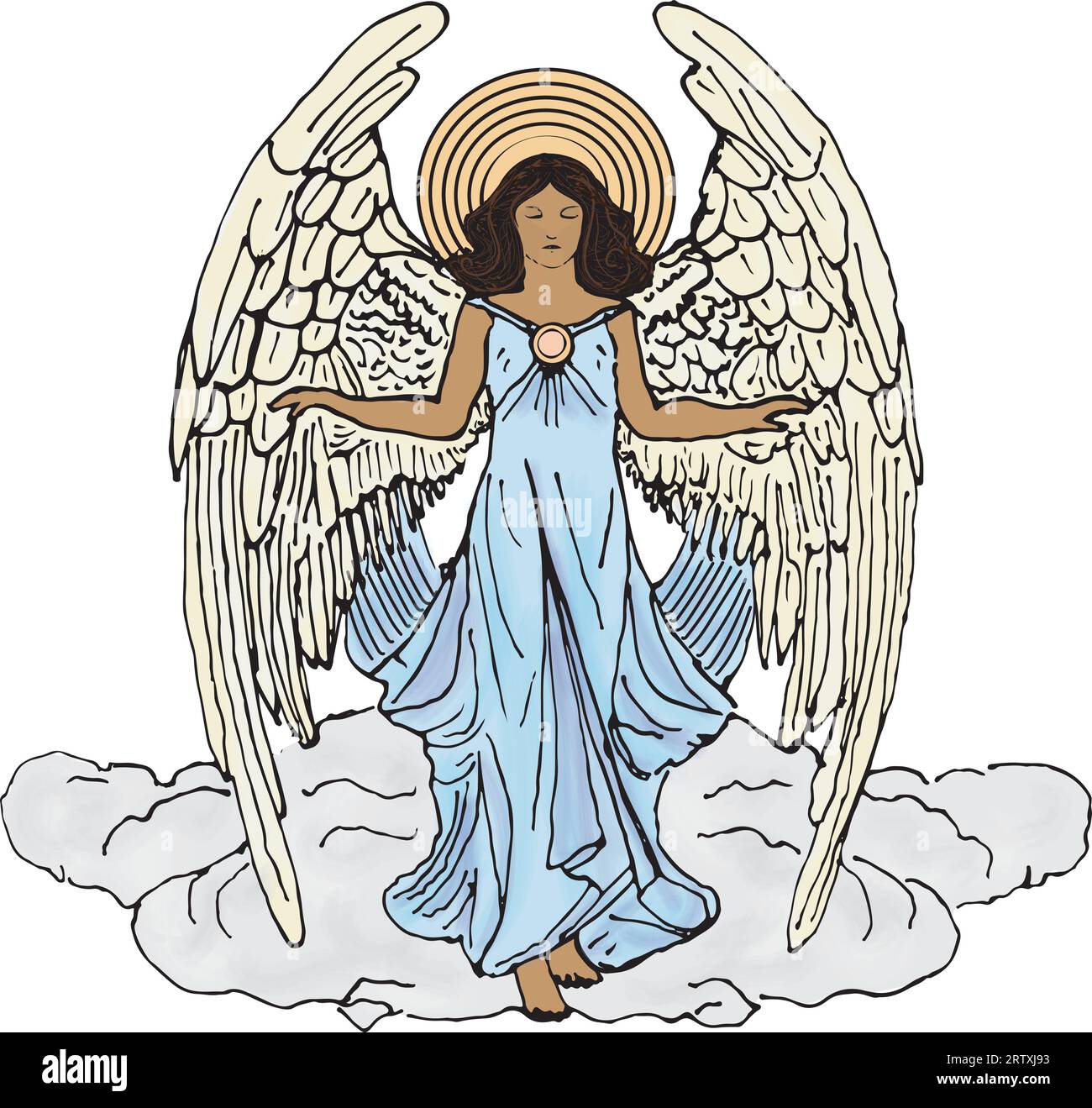 Vector illustration of an African angel, wings outstretched, standing ...