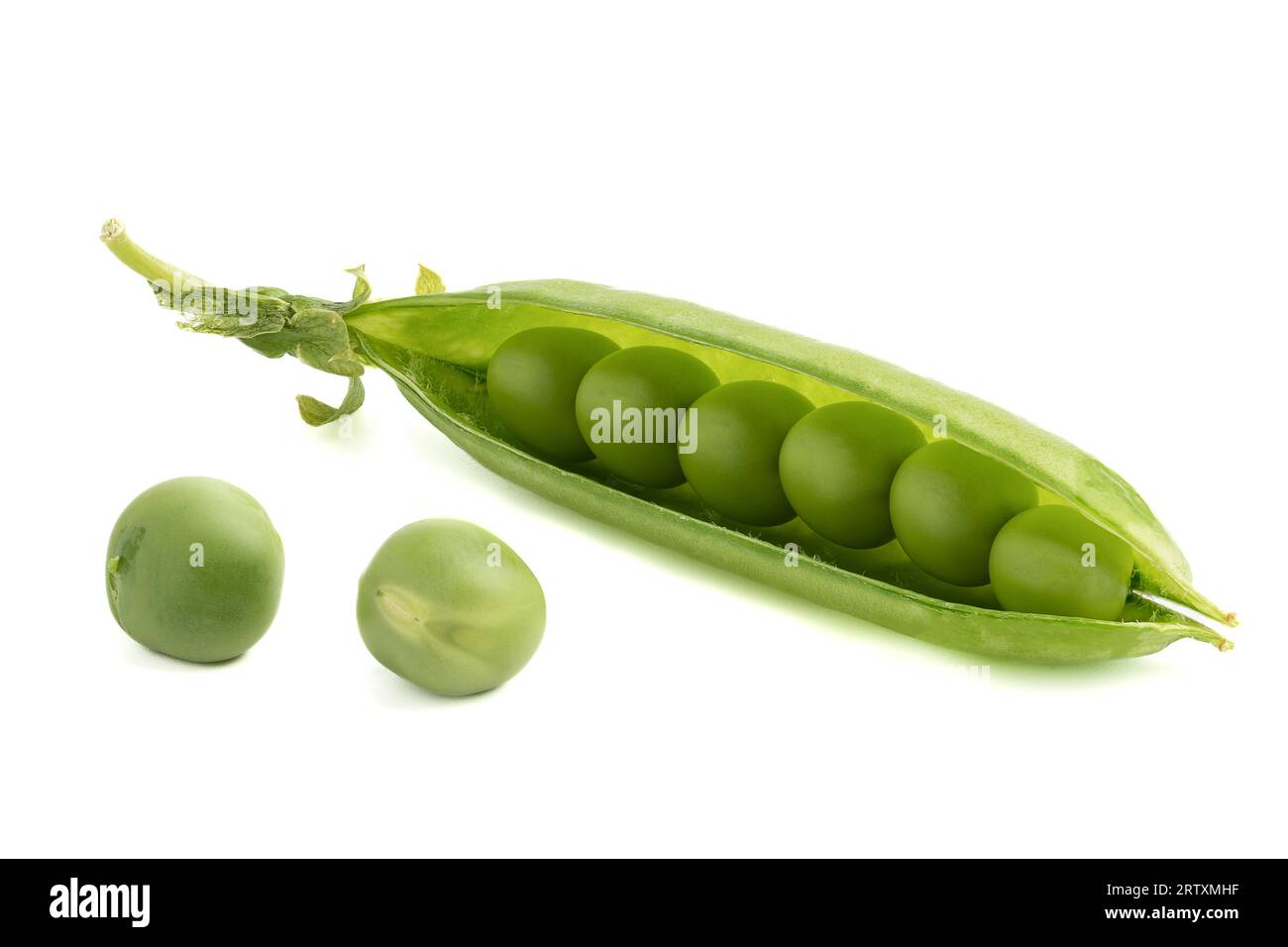 Ripe peas inside a pea pod and on a white background. Copy space Stock ...