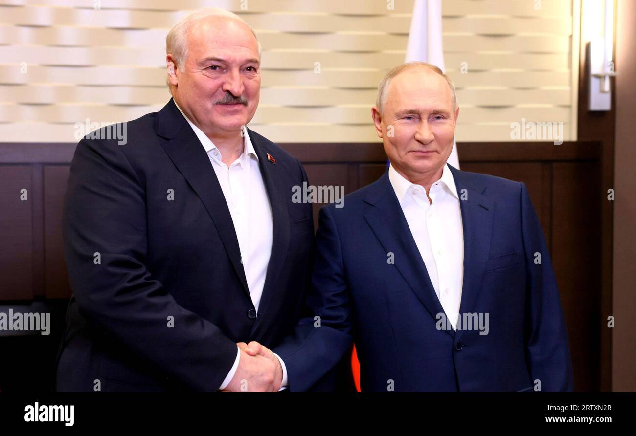 Sochi, Russia. 15th Sep, 2023. Russian President Vladimir Putin, right ...