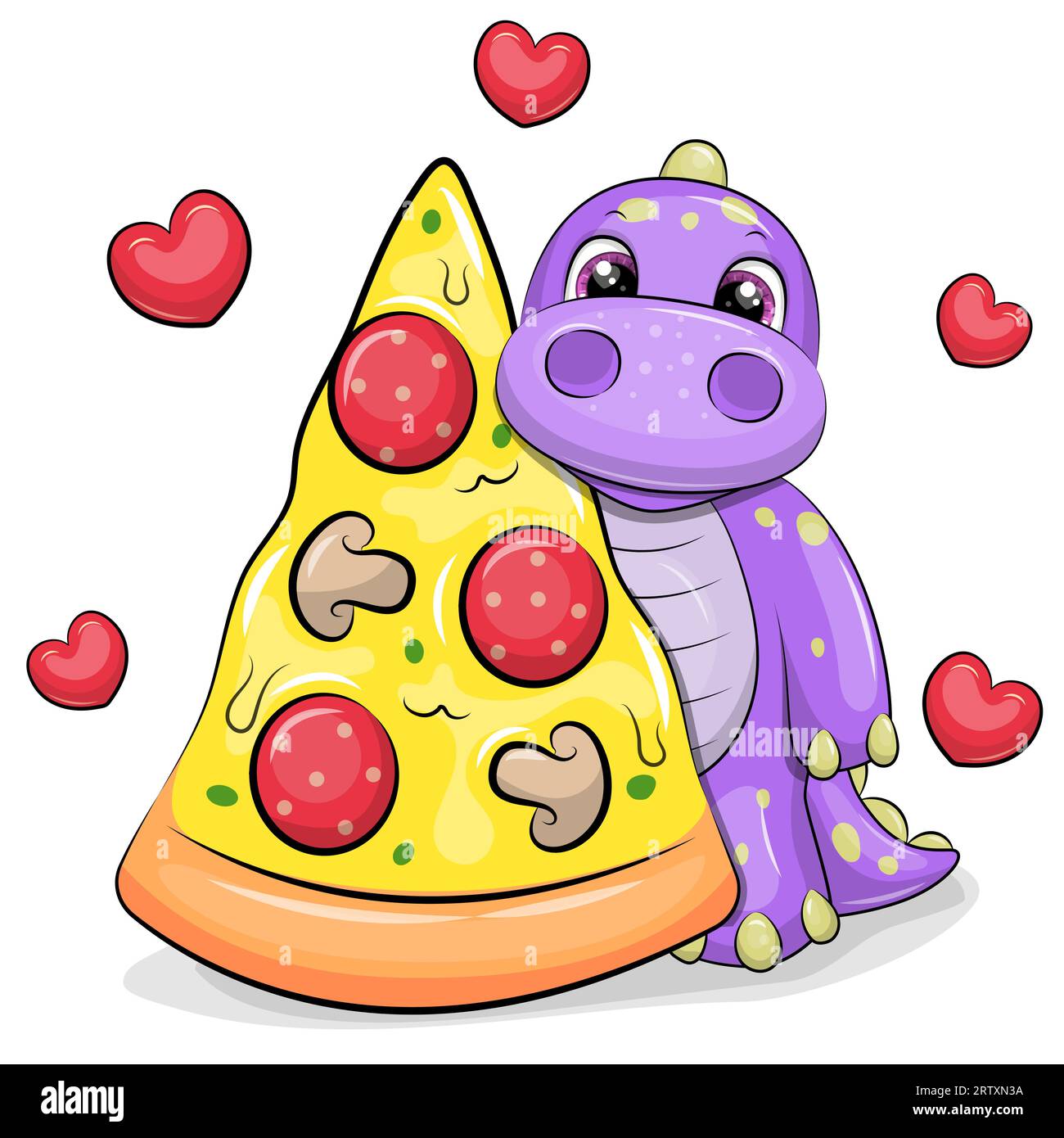 Cute cartoon dinosaur with a big piece of pizza. Vector illustration of ...