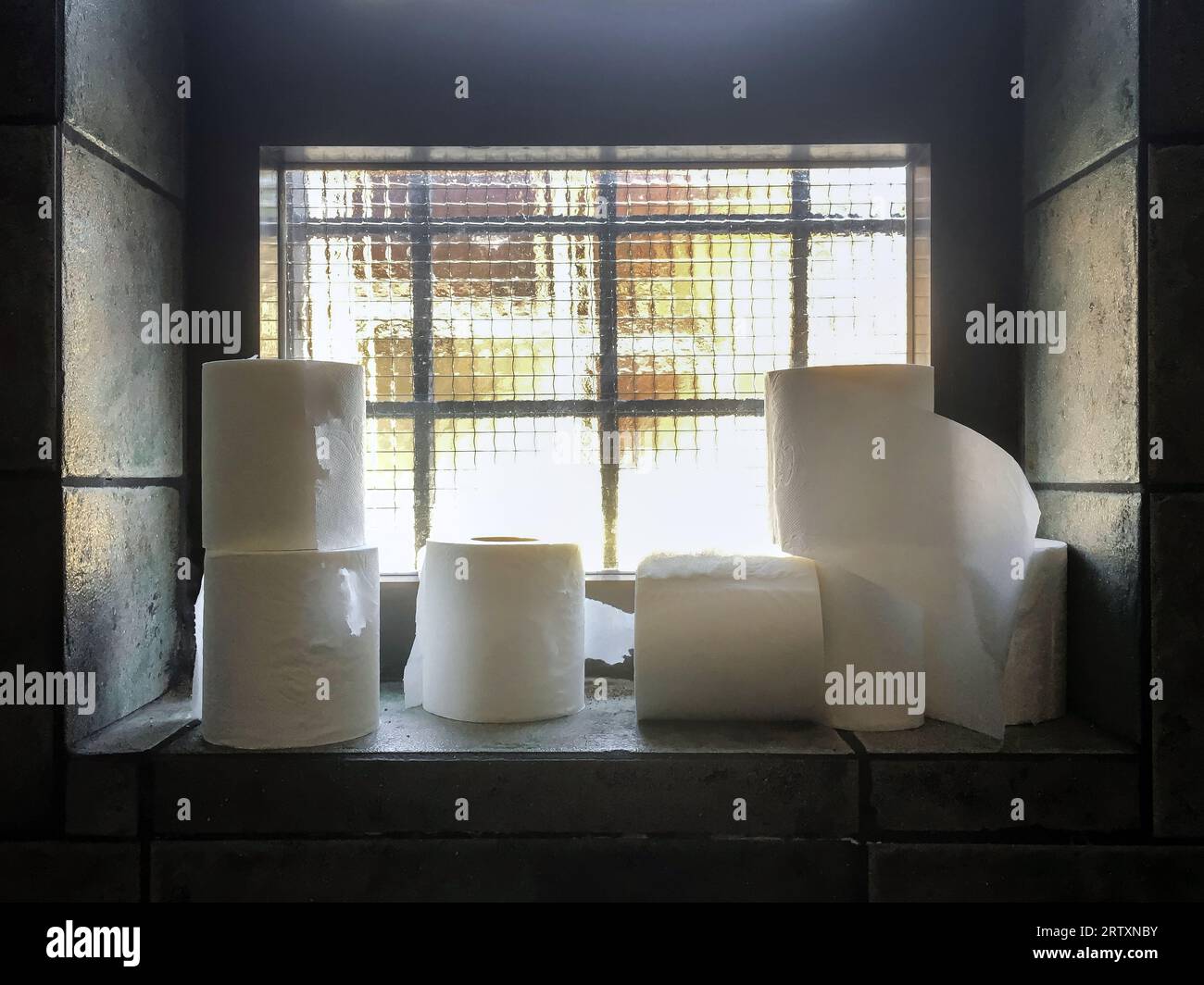 Close up of toilet paper rolls on a vintage window in a old toilet ...