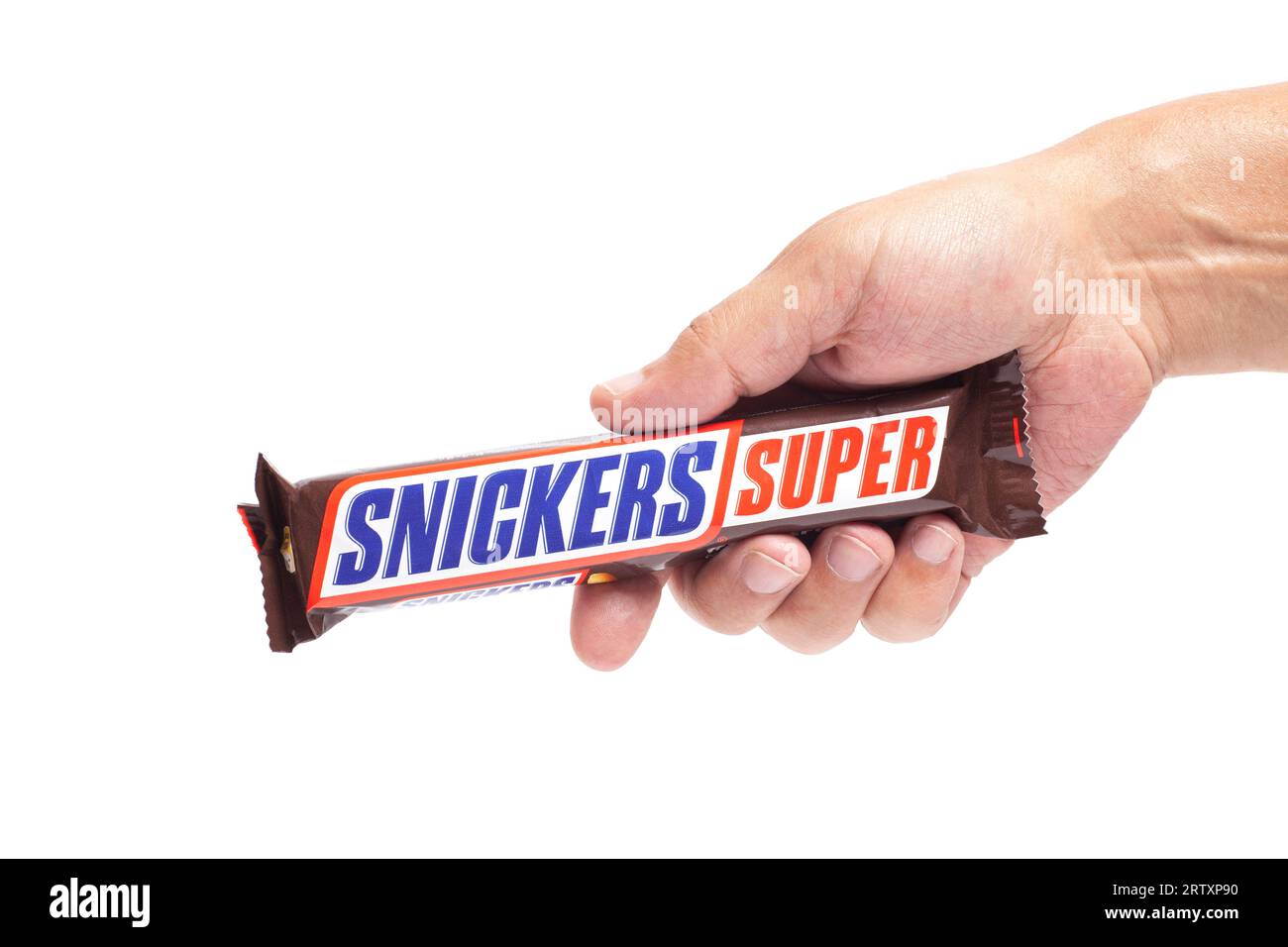 Moscow, Russia, September 7, 2023: Snickers Super Chocolate Bar in hand ...